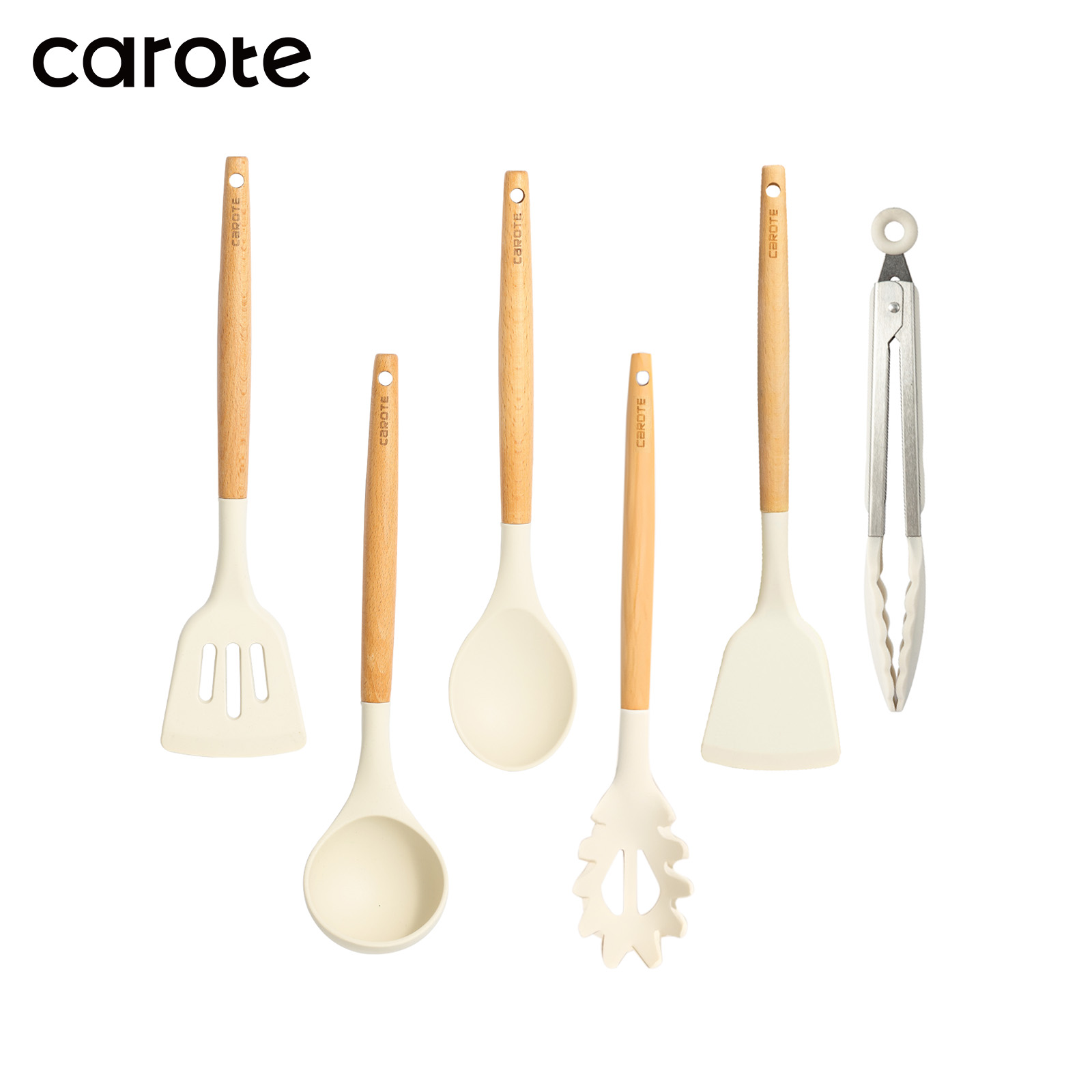 CAROTE Wooden Handle Slotted White color Non-stick Food Grade Silicone ...