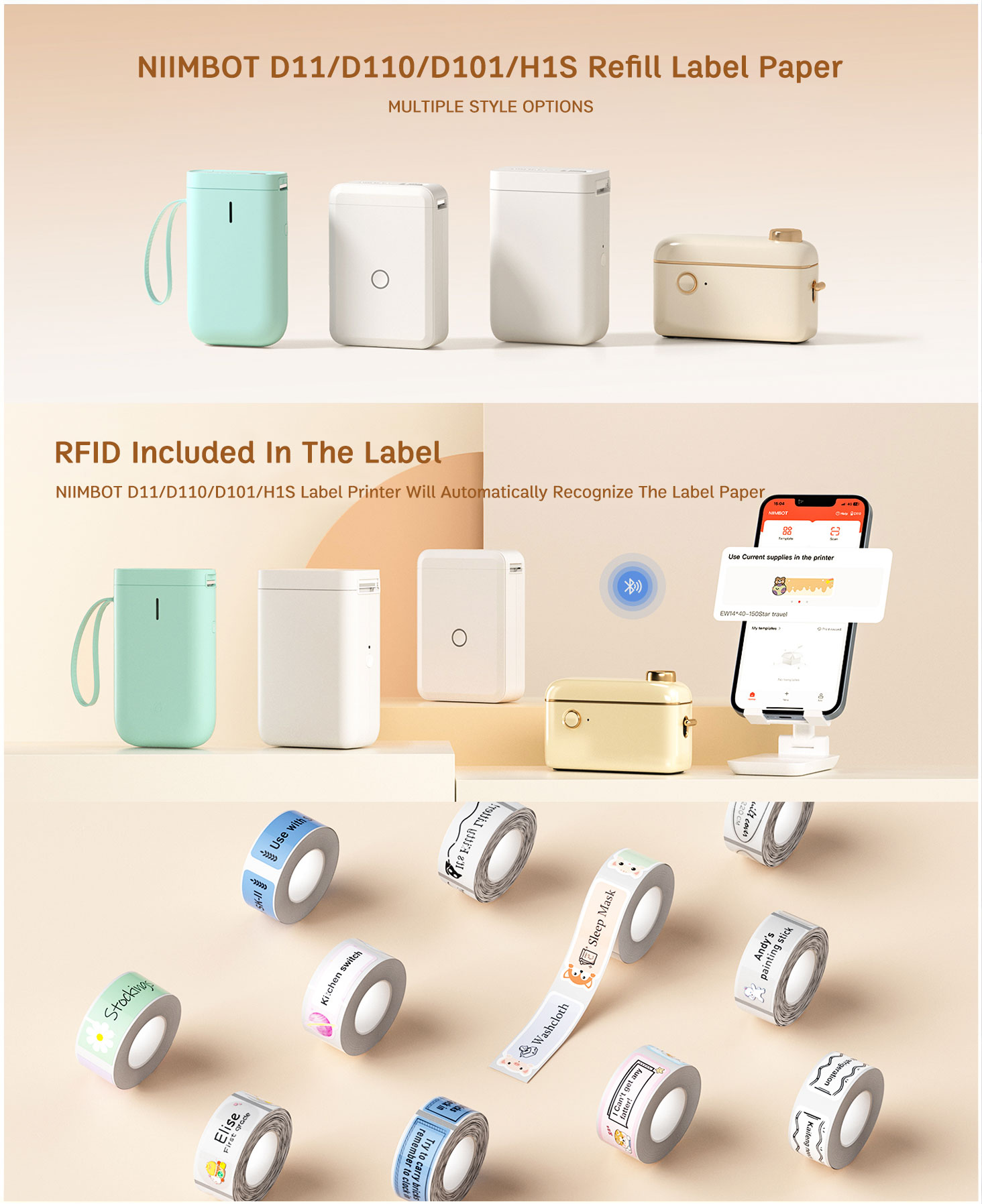 NIIMBOT D11 D110 White/Color/Transparent Label Printing Paper Name Sticker Waterproof Labels ...