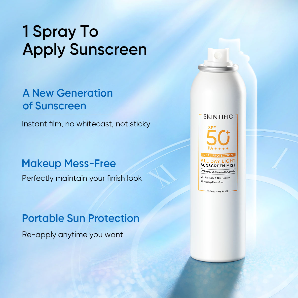 SKINTIFIC All Day Light Sunscreen Mist SPF50+ PA++++ Double Antioxidant ...