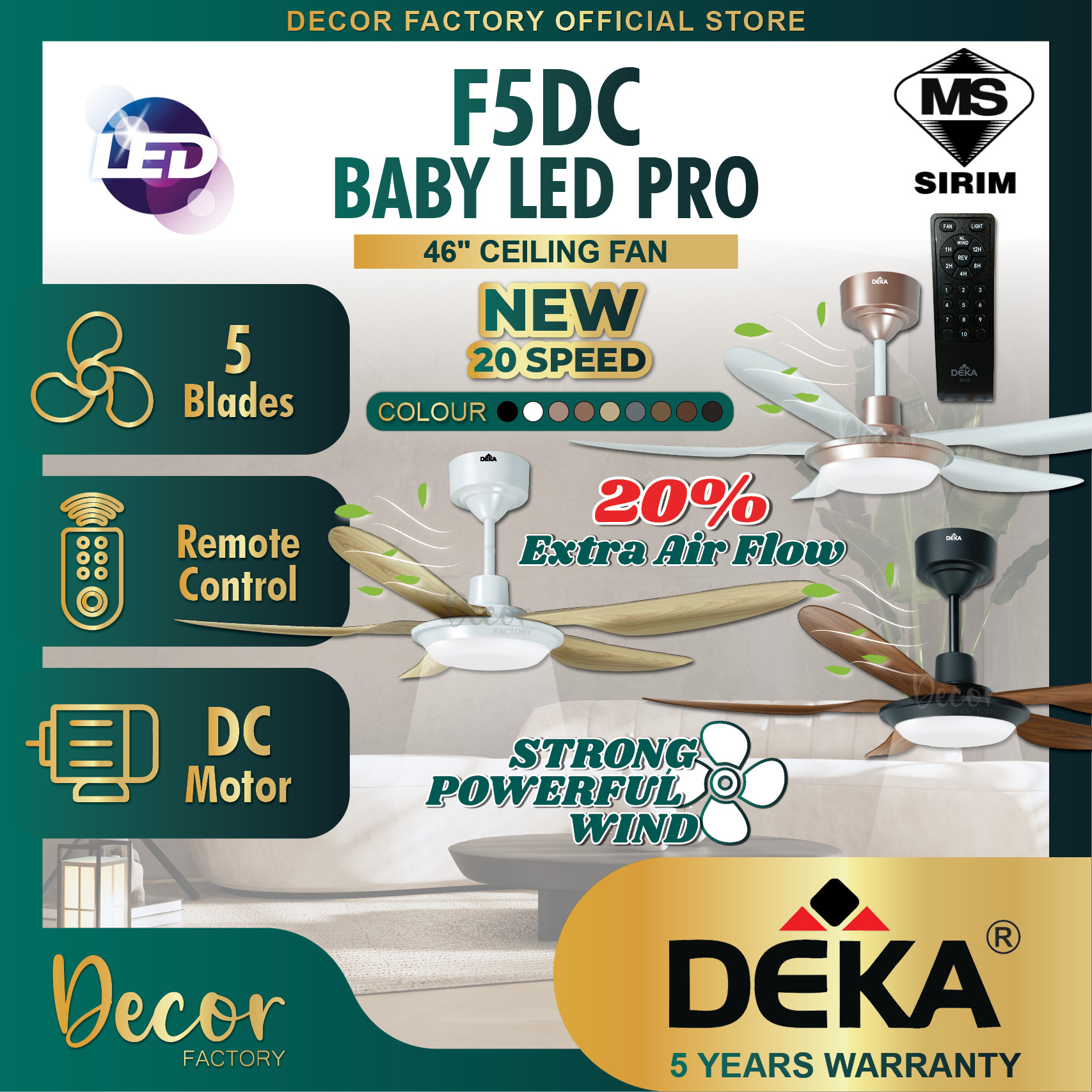 🔥UPGRADED🔥DEKA F5DC BABY LED PRO 5 Blades 20 Speed DC Motor Remote ...