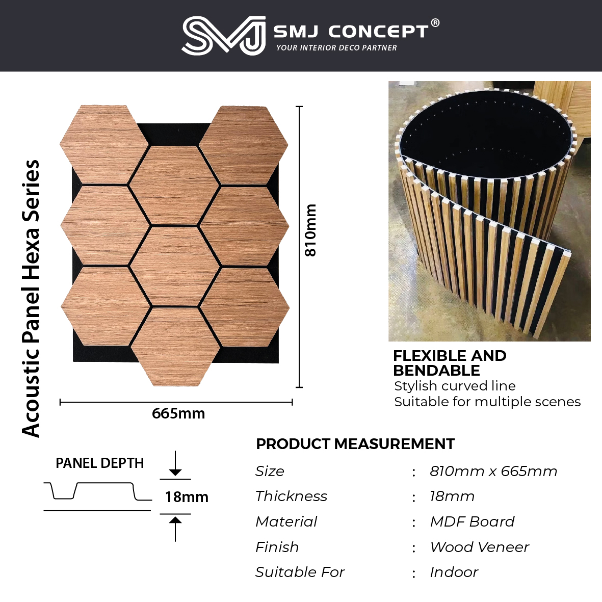 SMJ CONCEPT® Acoustic Panel LINEFLEX 2400mm x 600mm x 18mm (ALL ...