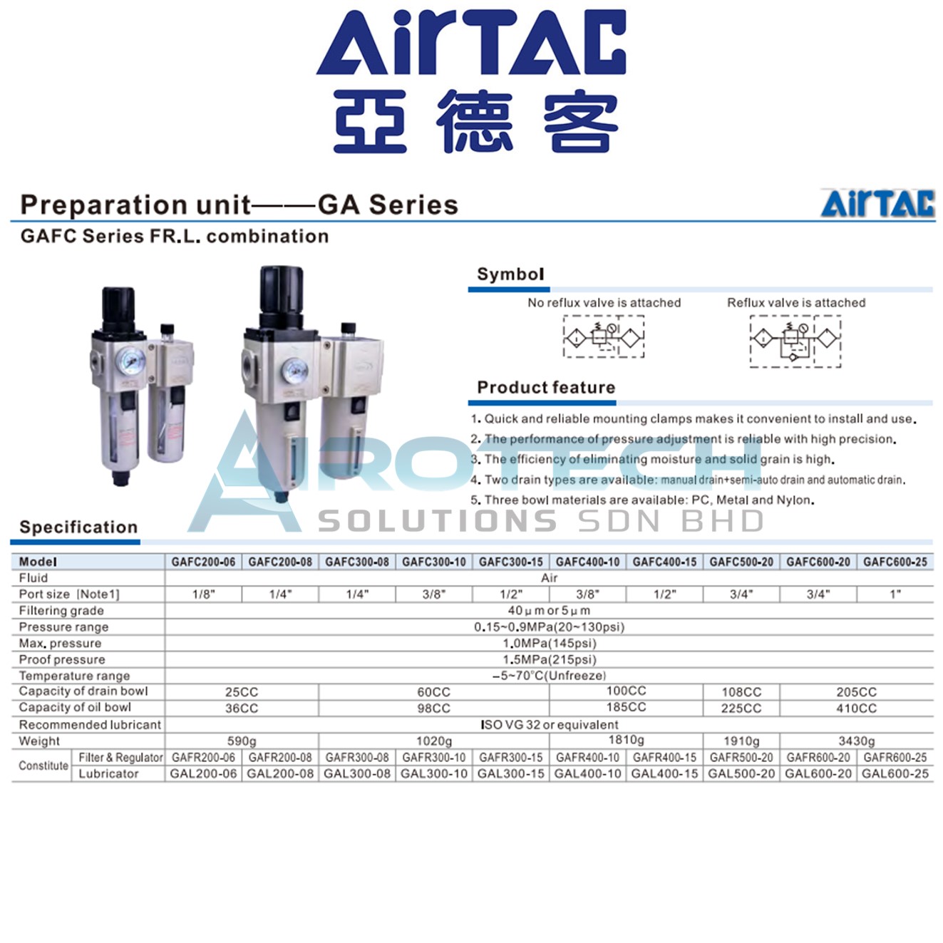 AirTAC GAFC GA-Series Air Filter+Regulator+Lubricator(FRL) Combination 1/8" 1/4" 3/8" 1/2" 3/4 ...