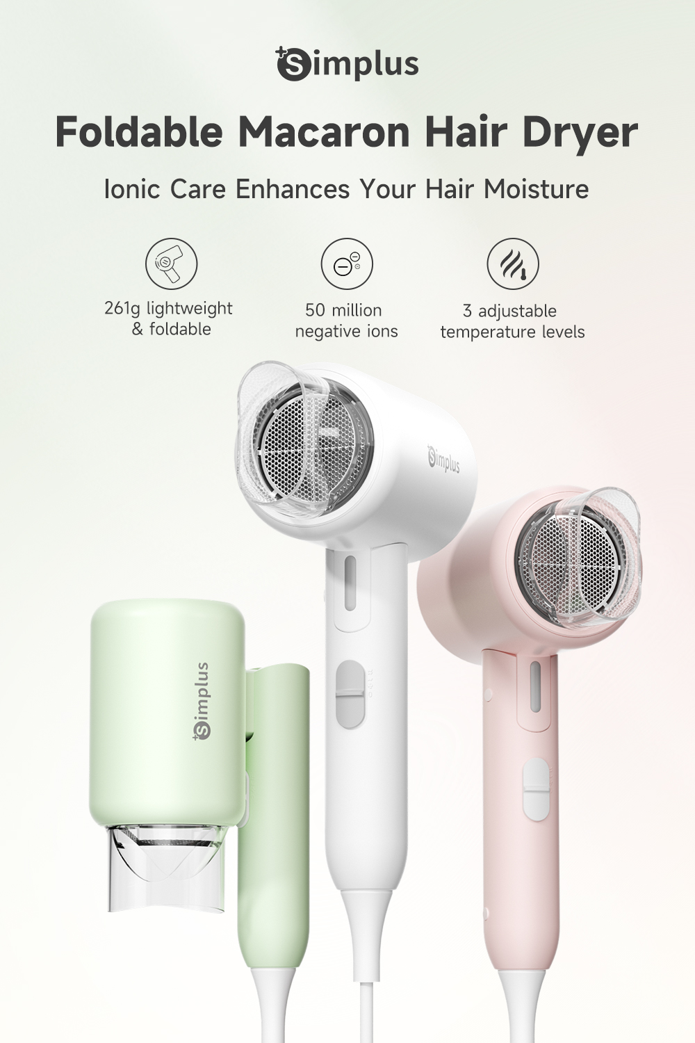 Simplus Hair Dryer丨Foldable丨50 Million Negative Ion丨1250W Power丨261g ...