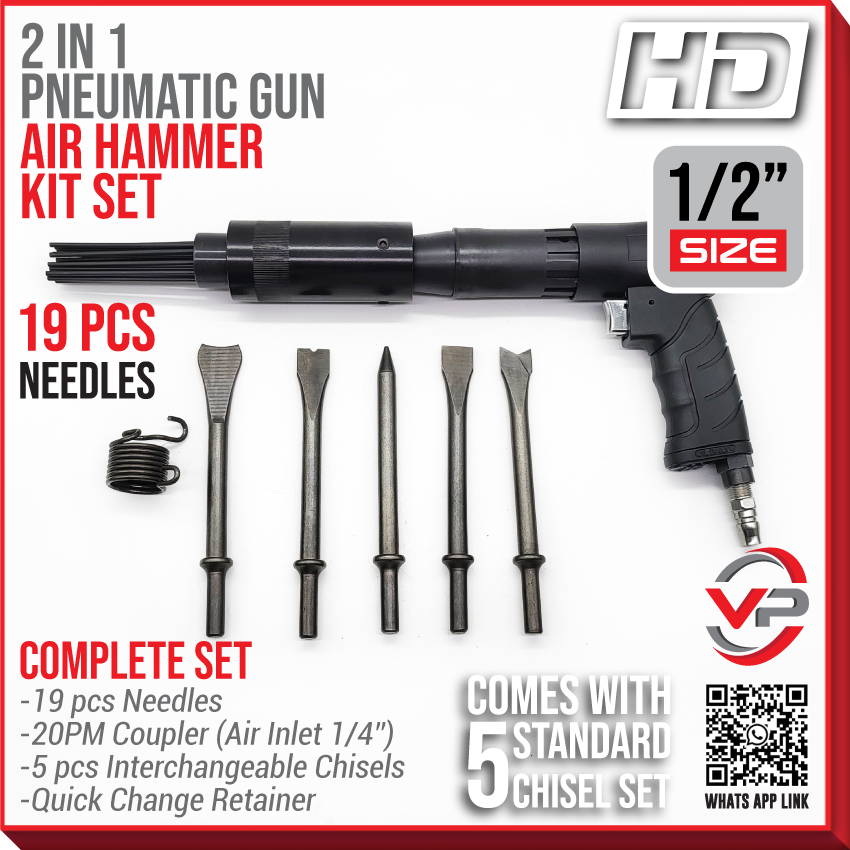 H/D PNEUMATIC GUN 2 IN 1 AIR HAMMER KIT 1/2 INCH WITH 19 PCS NEEDLES 5 ...