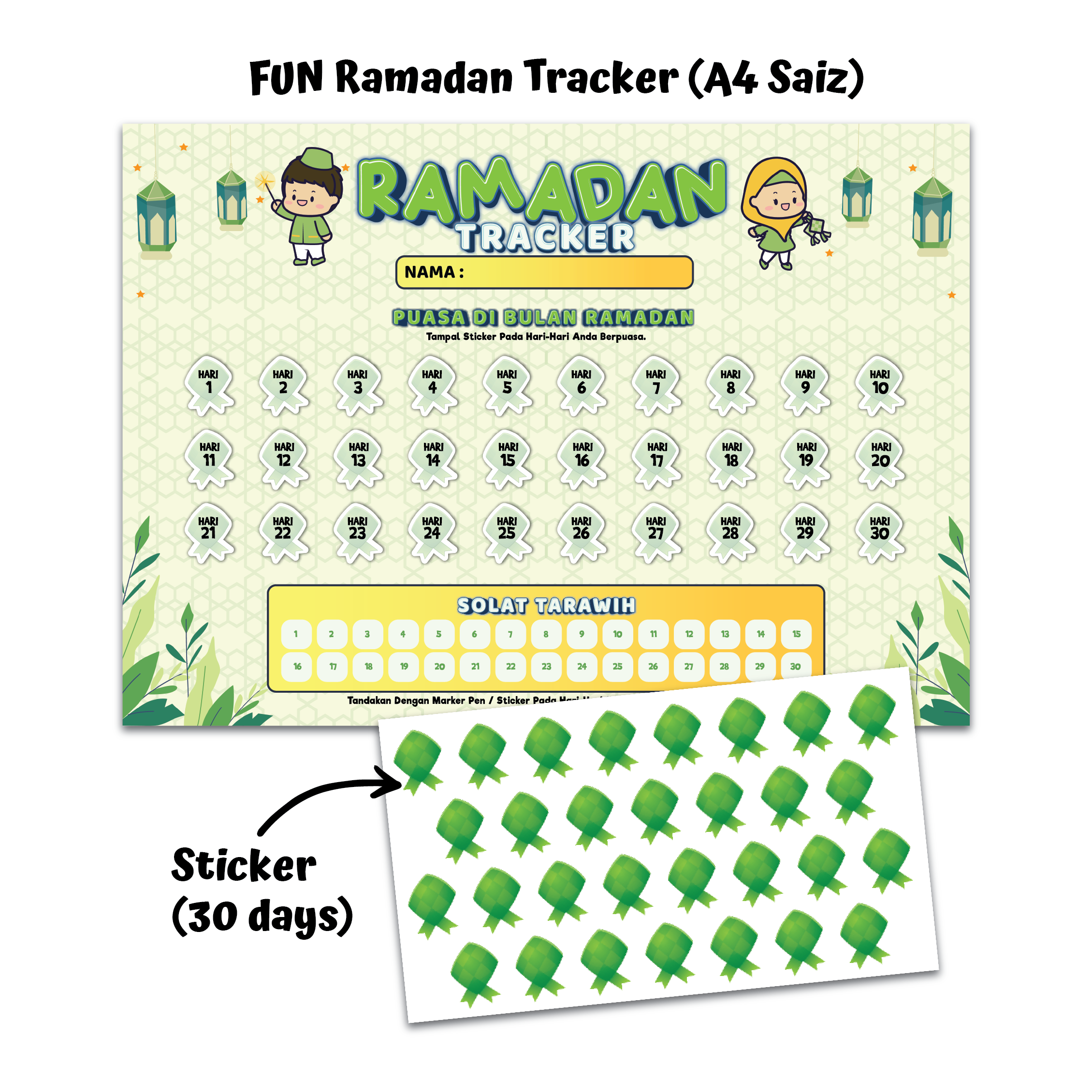 Fun Ramadan Tracker with Sticker for kids. puasa/fasting tracker board ...