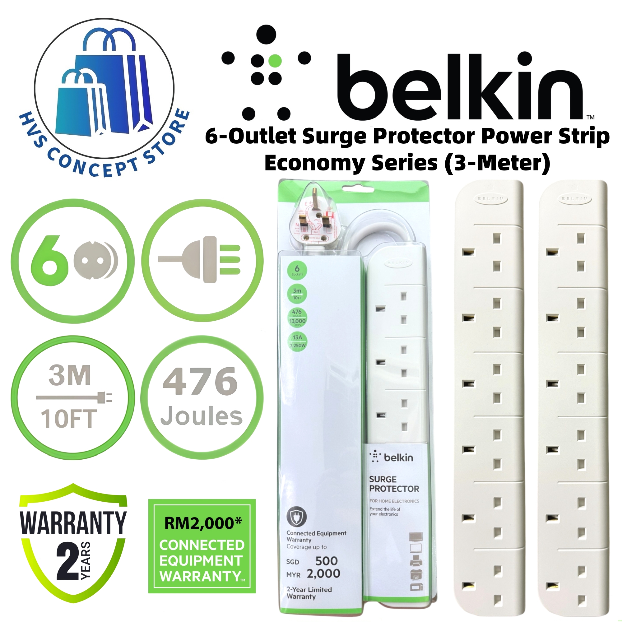 BELKIN 6-OUTLET SURGE PROTECTOR POWER STRIP ENOCOMY SEIRES (3M ...