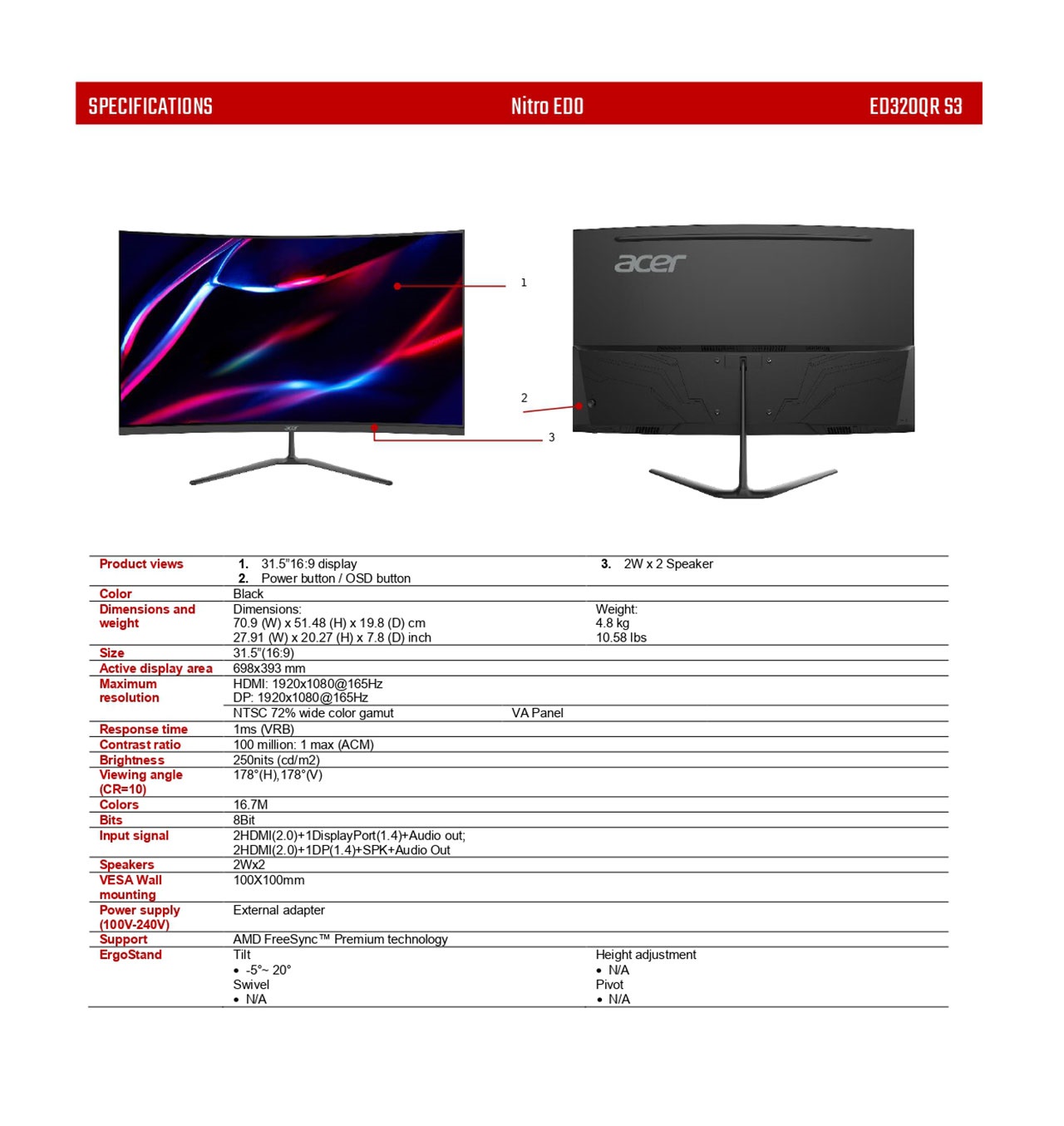 ACER 32" NITRO ED320QR S3 / ED320QRS3 LCD FULL HD (1920x1080P@165HZ) VA ...
