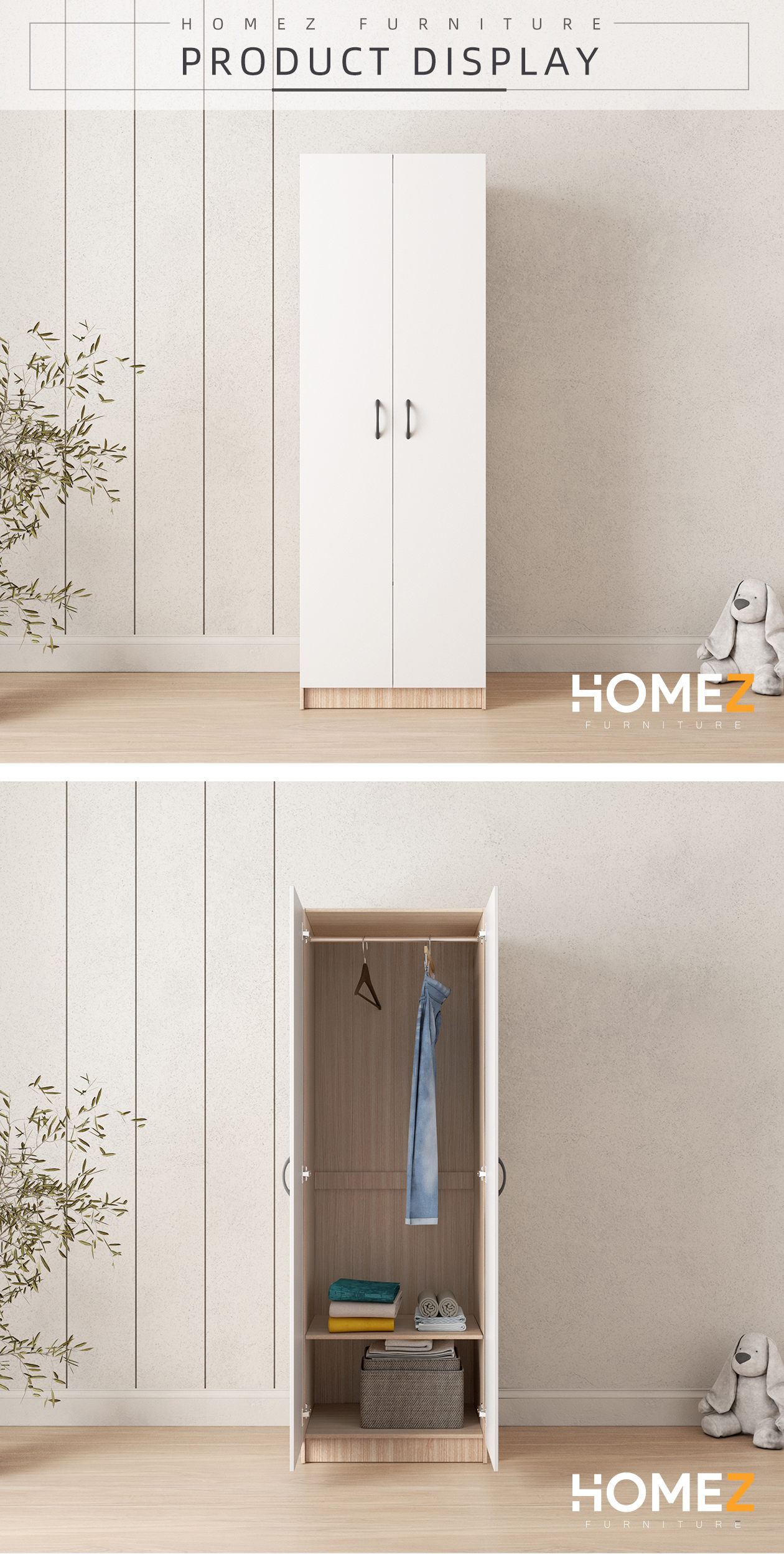 KitchenZ 3 Door Wardrobe with Hanging Rod Wooden Storage Cabinet ...