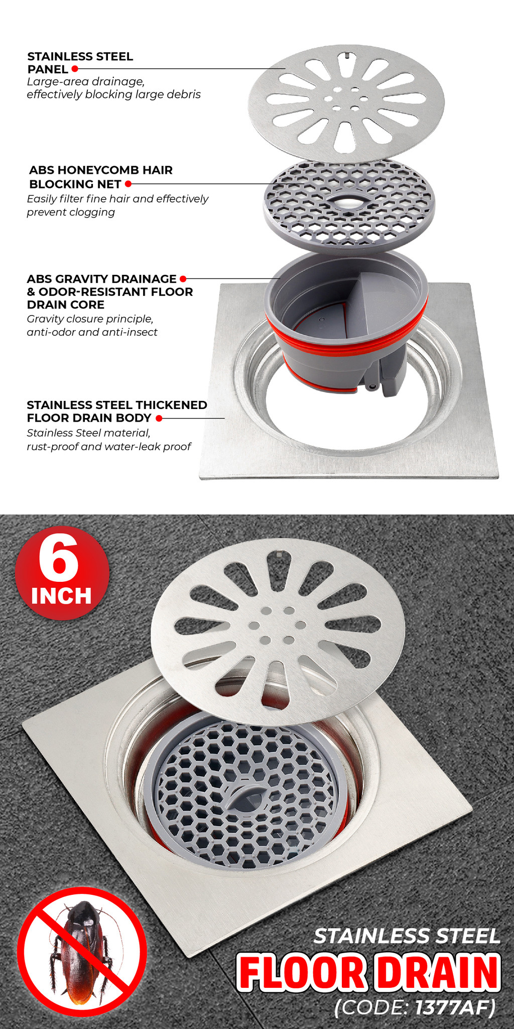 [6inch x 6inch] STAINLESS STEEL FLOOR GRATING trap drainer Cover with ...