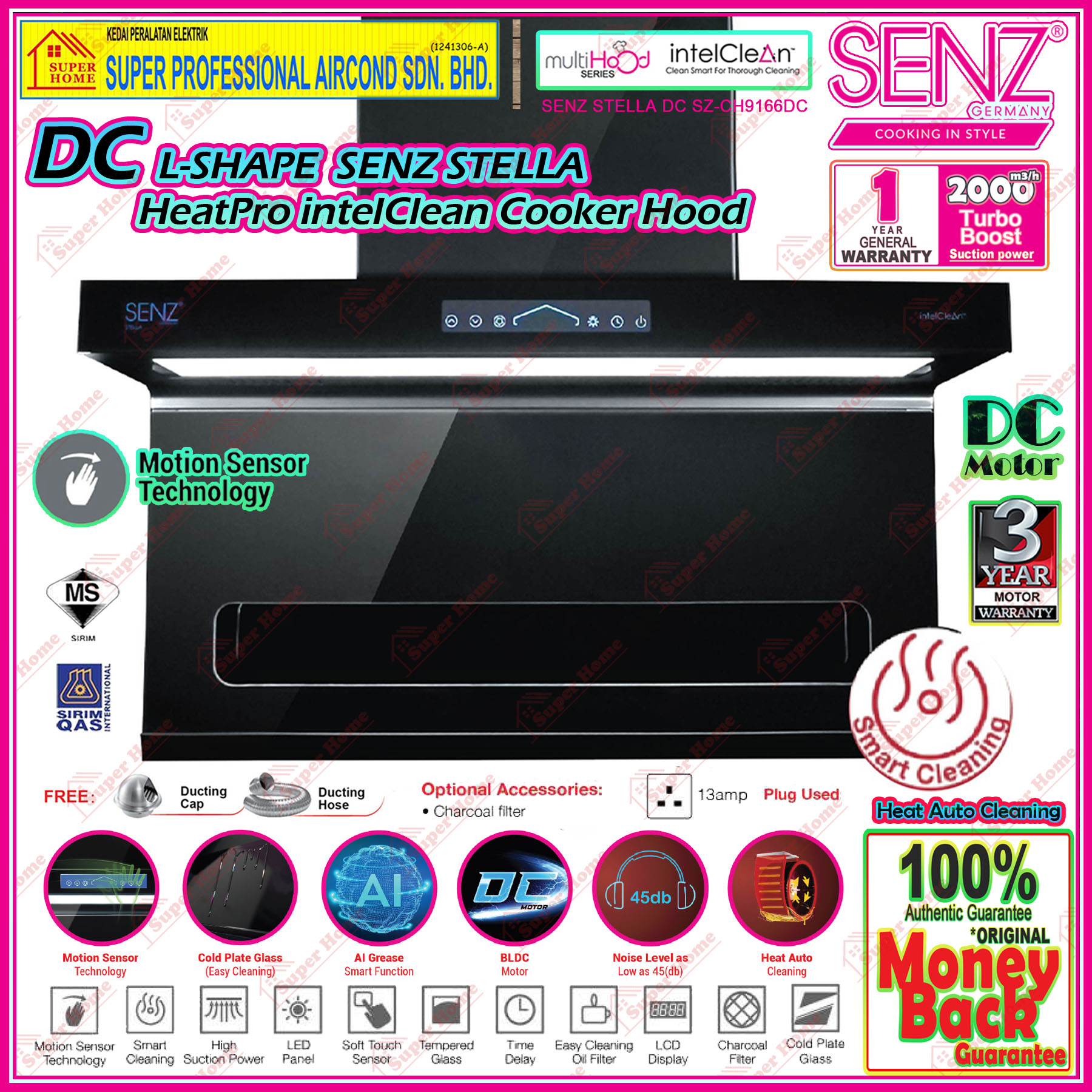 SENZ L-Shape Cooker Hood STELLA DC SZ-CH9166DC ((L Shape Design Heat ...