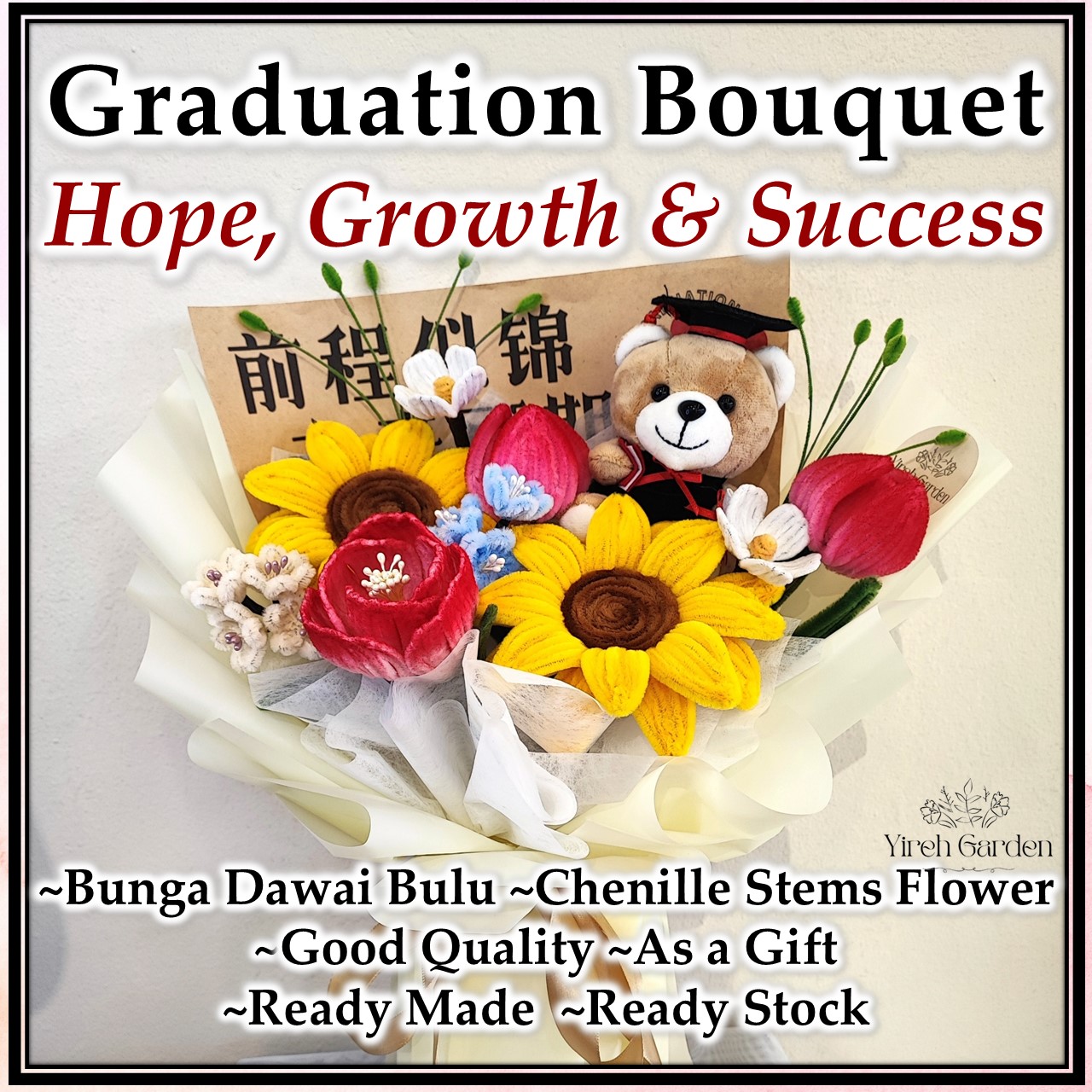 Sejambak Bunga Matahari Graduasi - Bouquet Chenille Dawai Bulu for ...