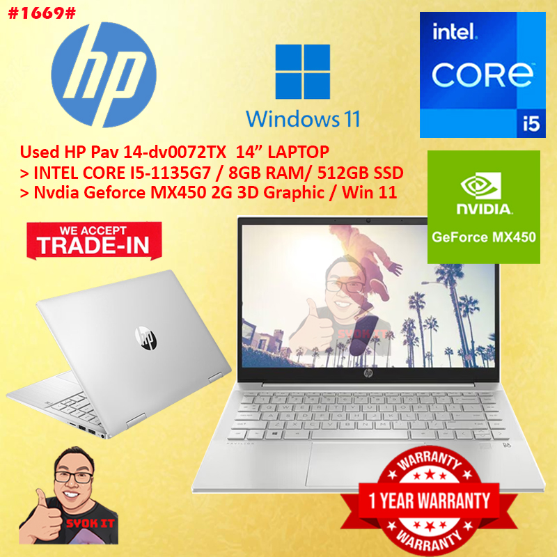 #1669 Used HP PAVILION 14-dv0072TX Performance Laptop intel Core i5-1135G7 8GB 512GB SSD Nvidia ...