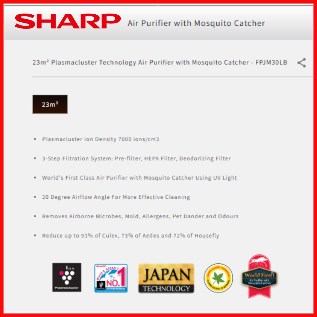 SHARP 30m² Plasmacluster Technology Air Purifier FPJ30LA / FPJ30LB ...