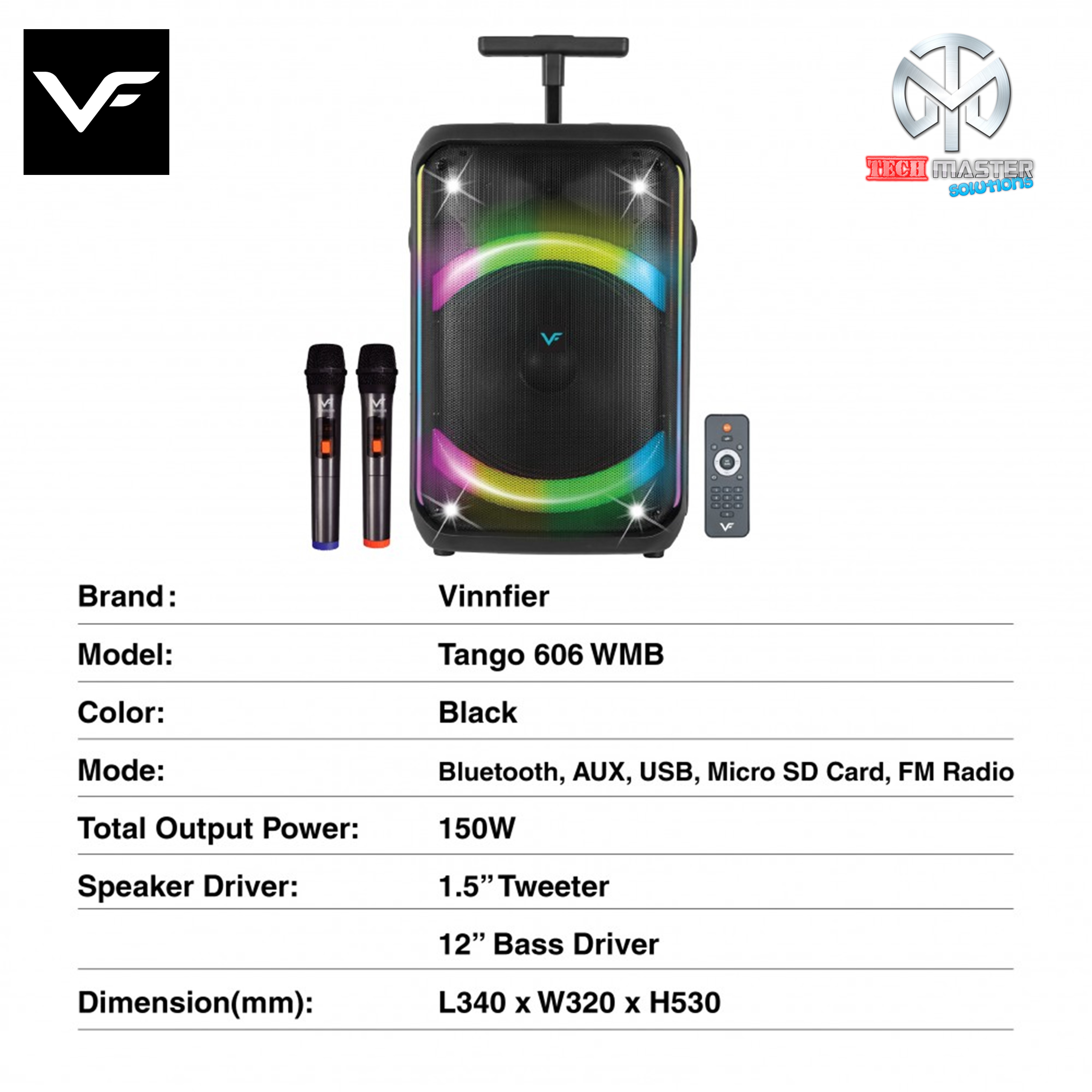 Vinnfier Tango 606 WMB 12" Super Bass Bluetooth Karaoke Speaker LED ...