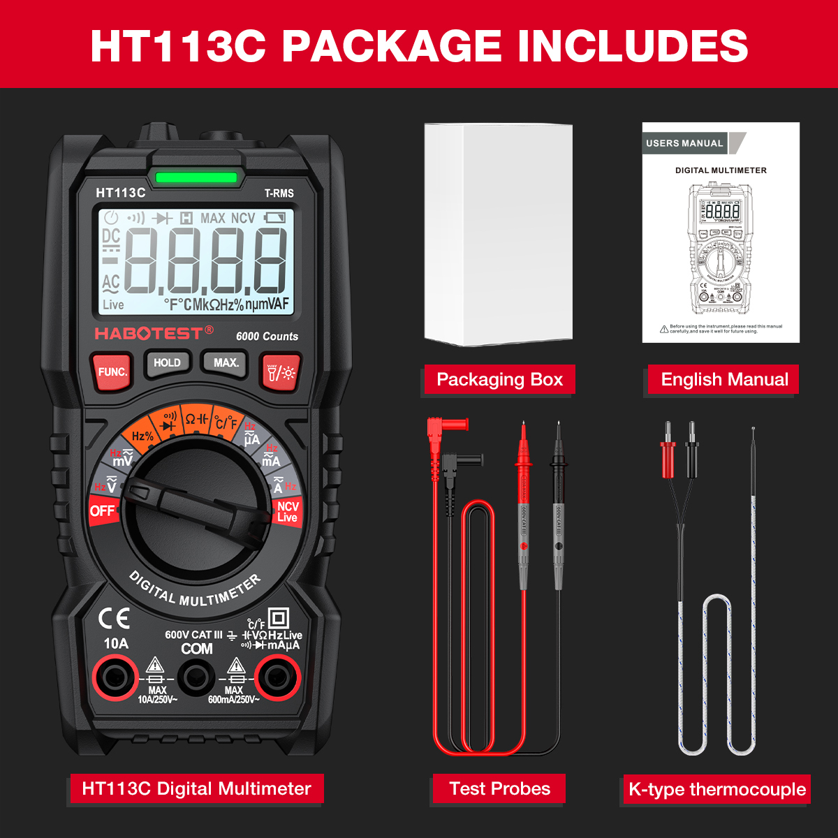 HABOTEST📢HT113 Multimeter 600V Professional Multimeter AC/DC Voltage ...
