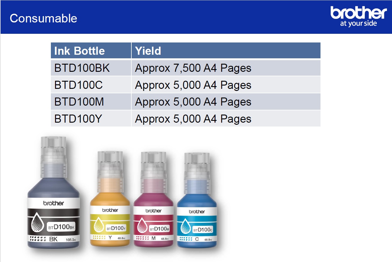 Brother Original Ink Tank Refill BTD100BK BTD100 BTD100C BTD100M BTD100Y DCP-T230 DCP-T430W DCP ...