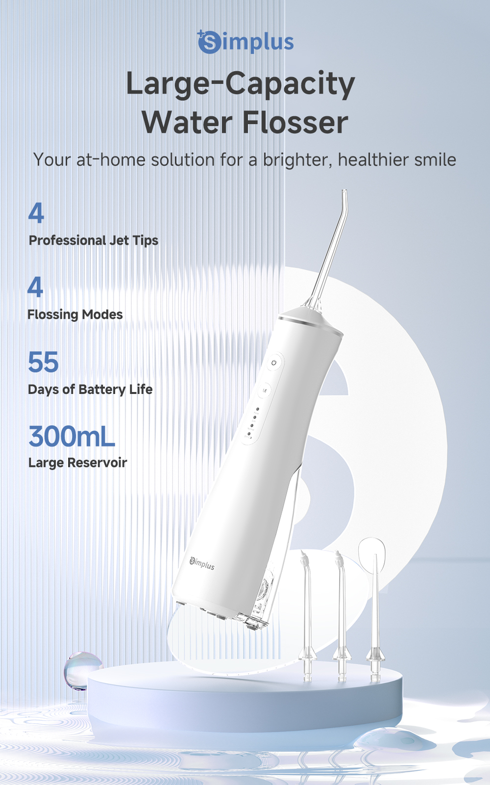 Simplus Water Flosser 300mL Large Reservoir 4 Modes 4 Nozzle Tips 55 ...