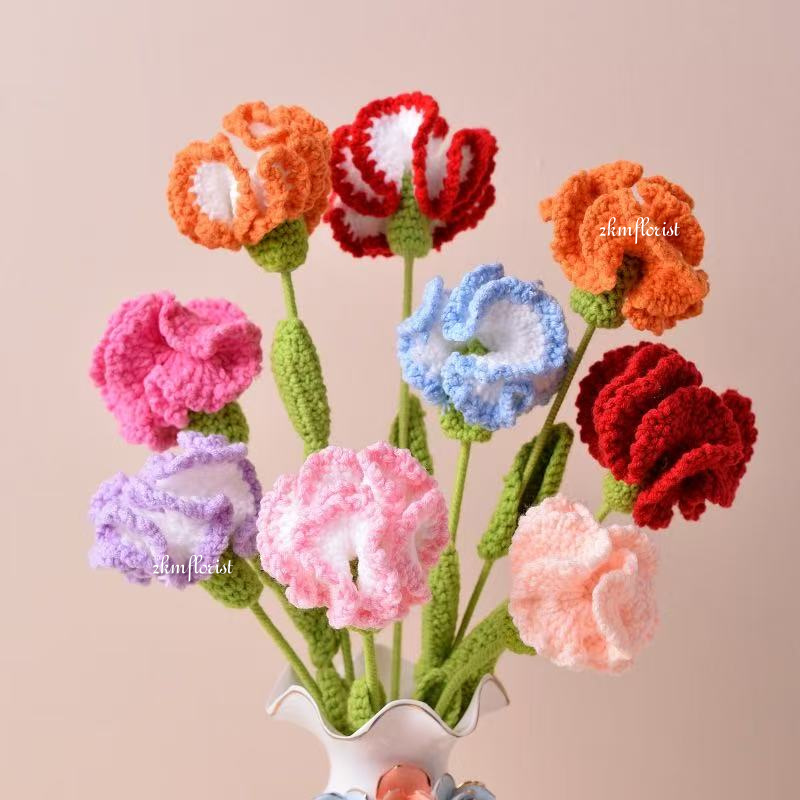 (1PC) CROCHET SULAM CARNATION Flower Bunga Sulam Wool Hand Knitted ...