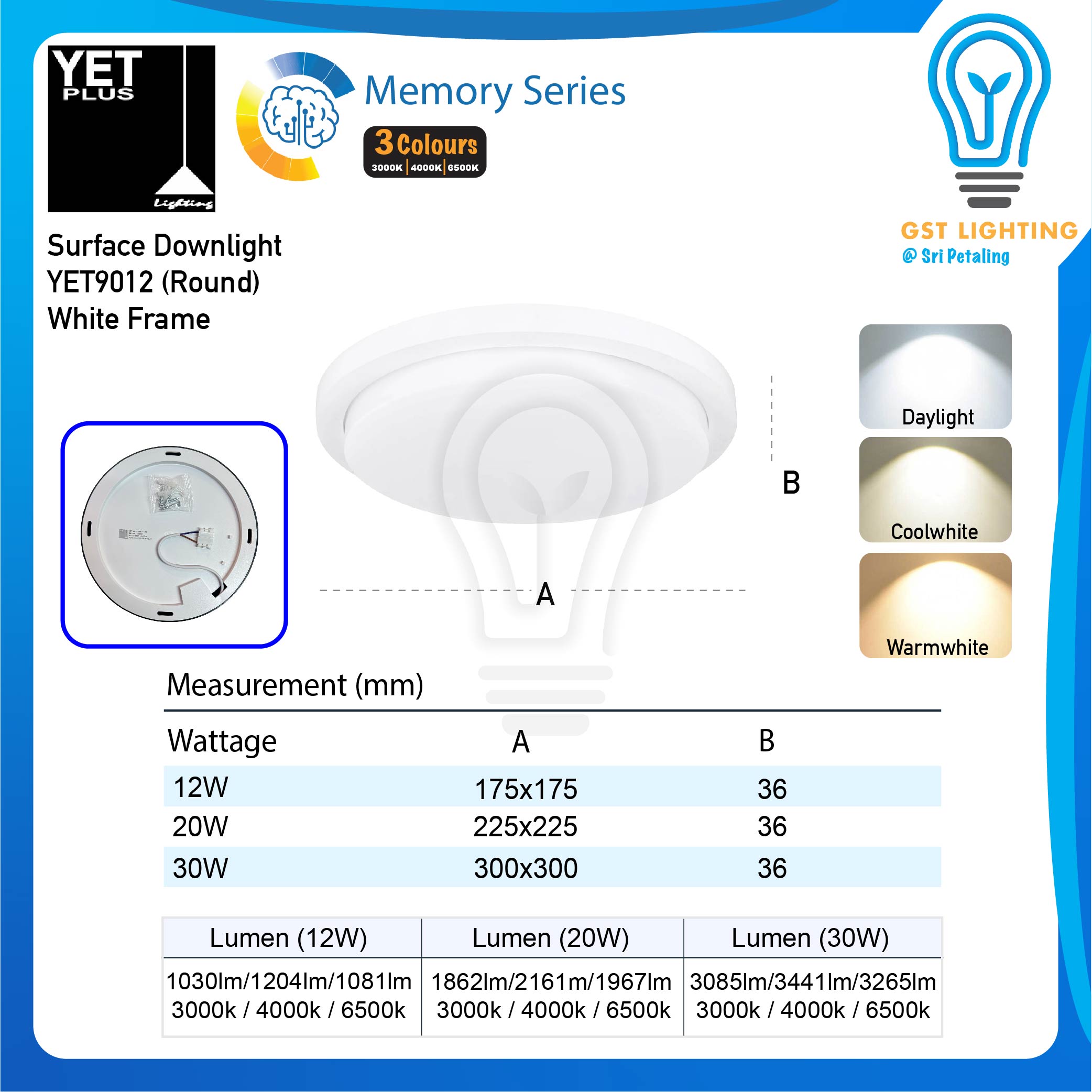 YETPLUS YET9012 Surface Slim Round 3C Memory 3 Colours Switchable LED ...