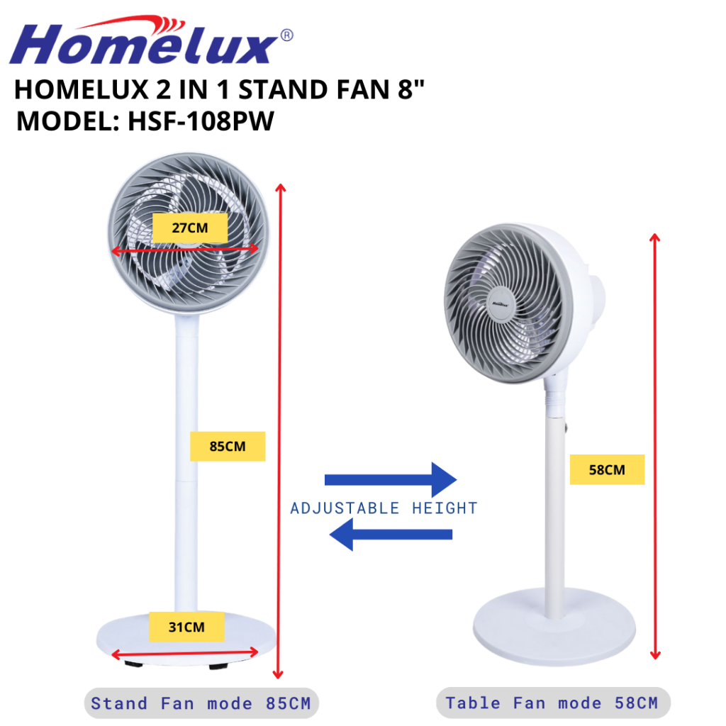 Homelux 8'' Jet Air 2 in 1 Stand Fan / Table Fan / Living Fan / 8'' Fan ...