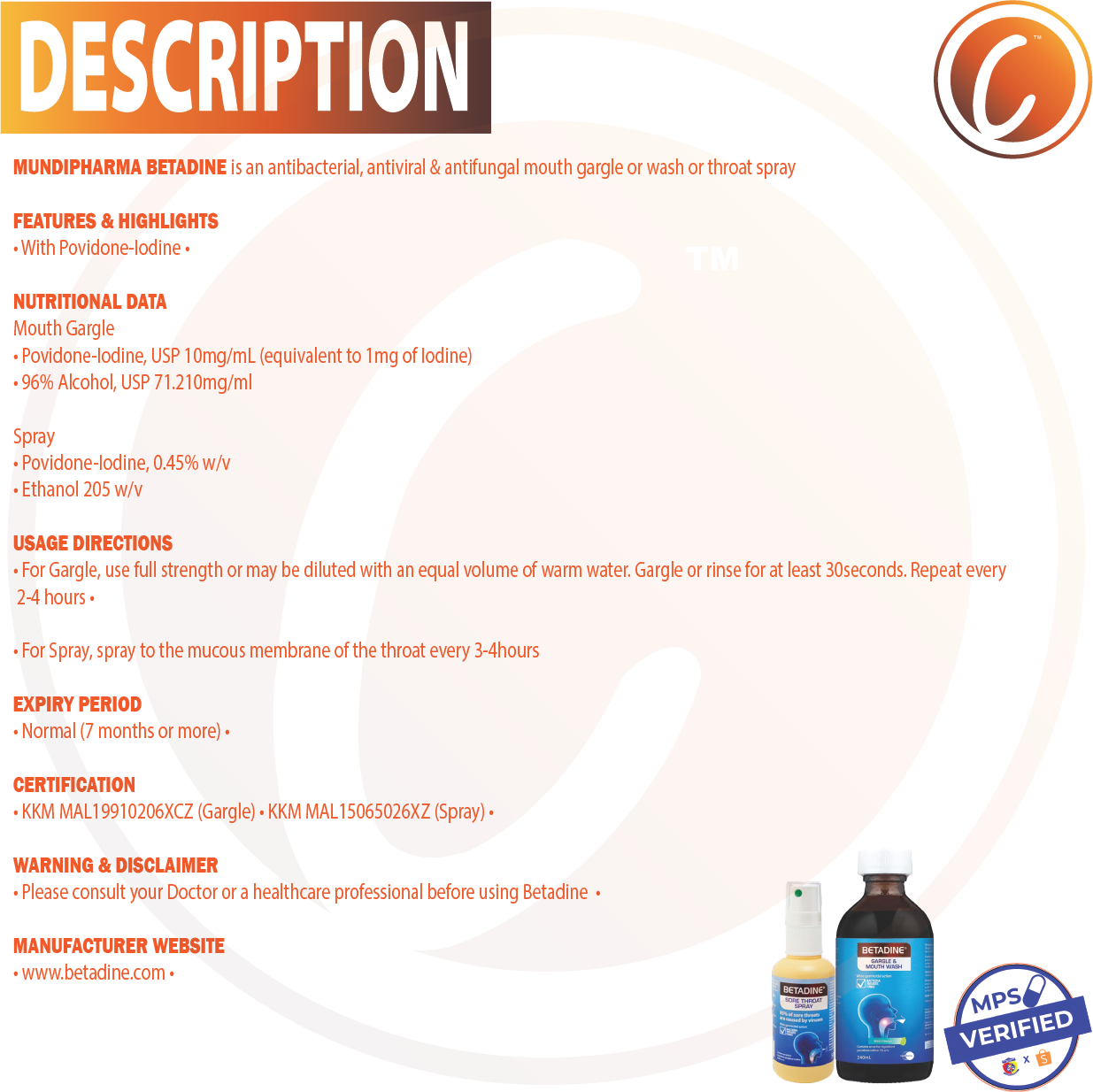 MUNDIPHARMA Betadine Sore Throat Spray Mouth Gargle / Cold Defence ...