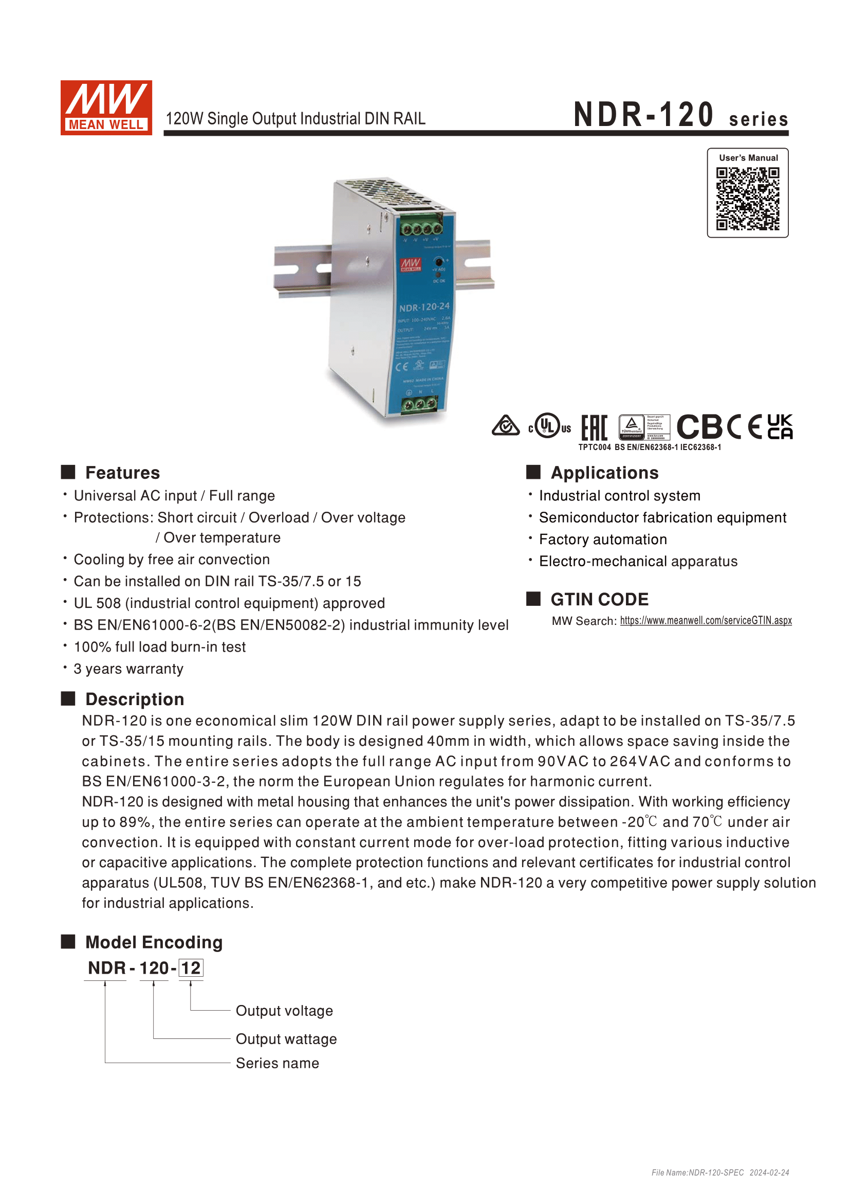 Mean Well NDR-120-48 120W 48V 2.5A MeanWell Single Output Industrial ...