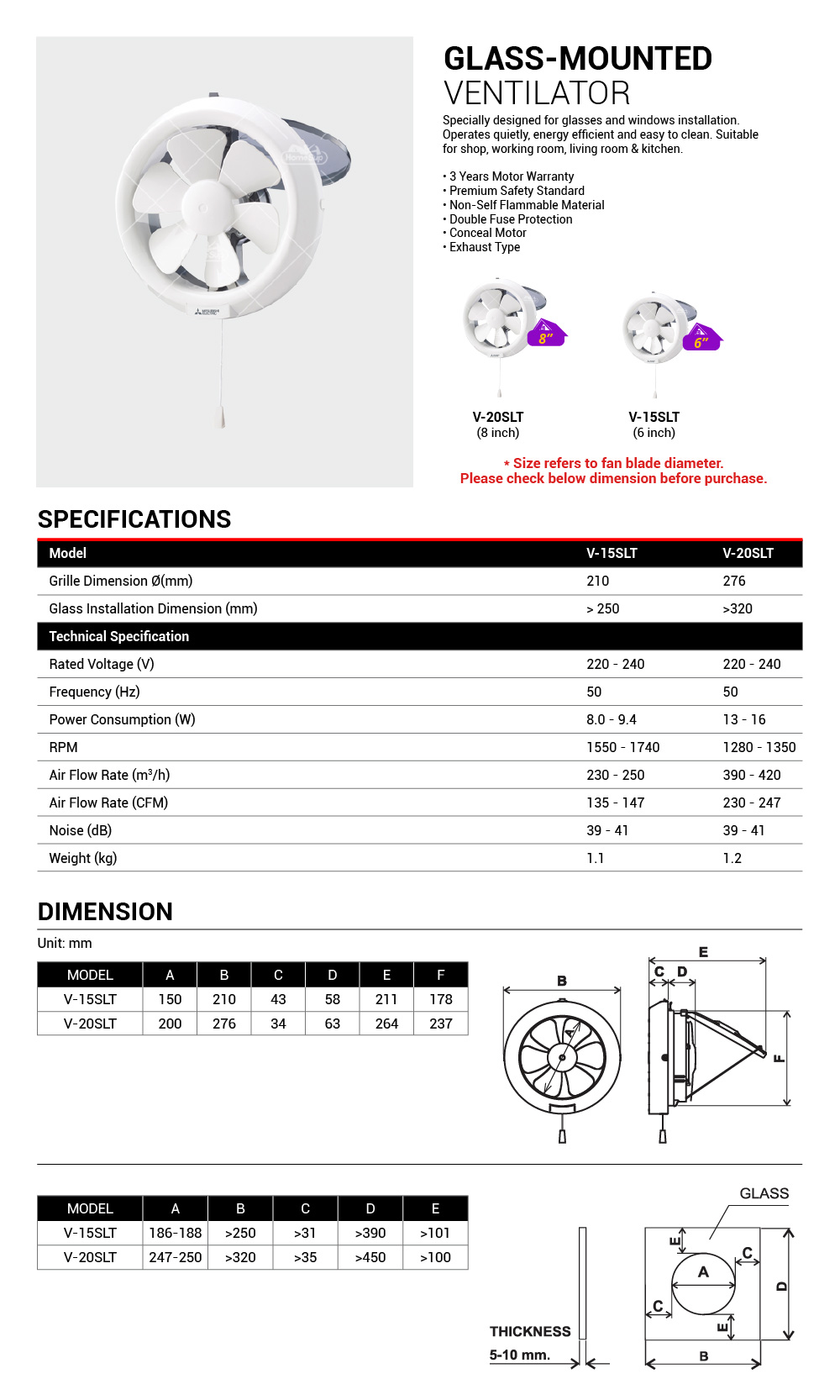 MITSUBISHI V-20sl7t Window Exhaust Fan – 8 Inch Fan Blade | Glass ...