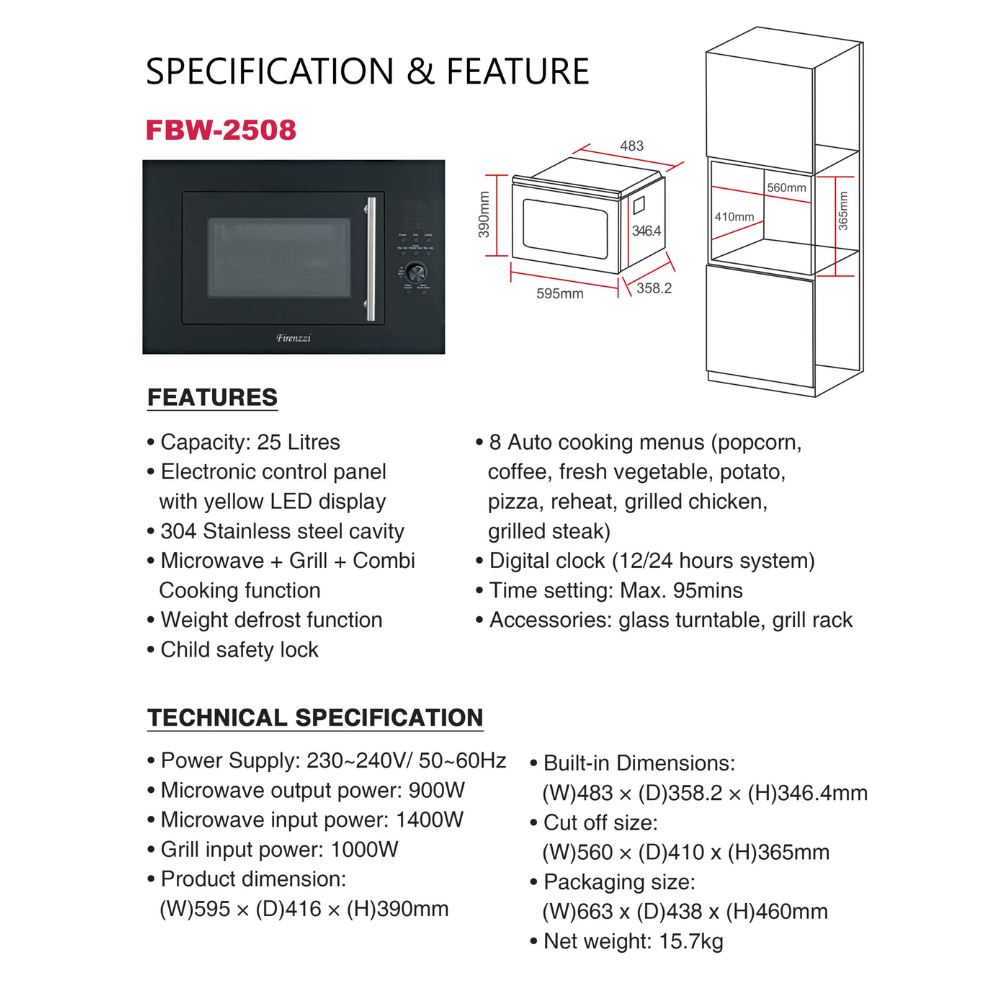 【FREE SHIPPING】Firenzzi FBW-3100 Convection & Grill Built-in Microwave ...
