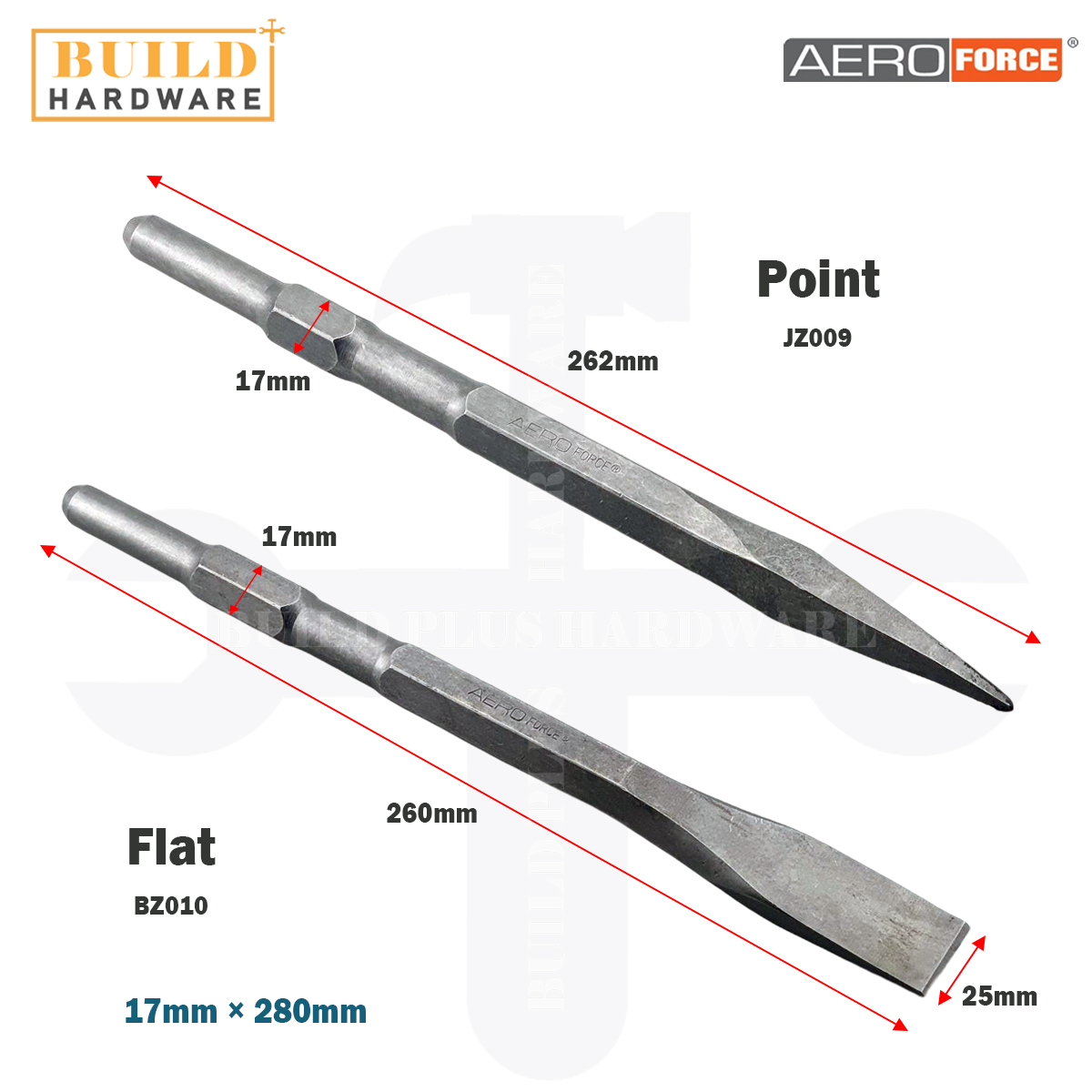 AeroForce Hex Shank Chisel SDS Bull Point (Flat / Point) Hex Head Electric Demolition Hammer ...