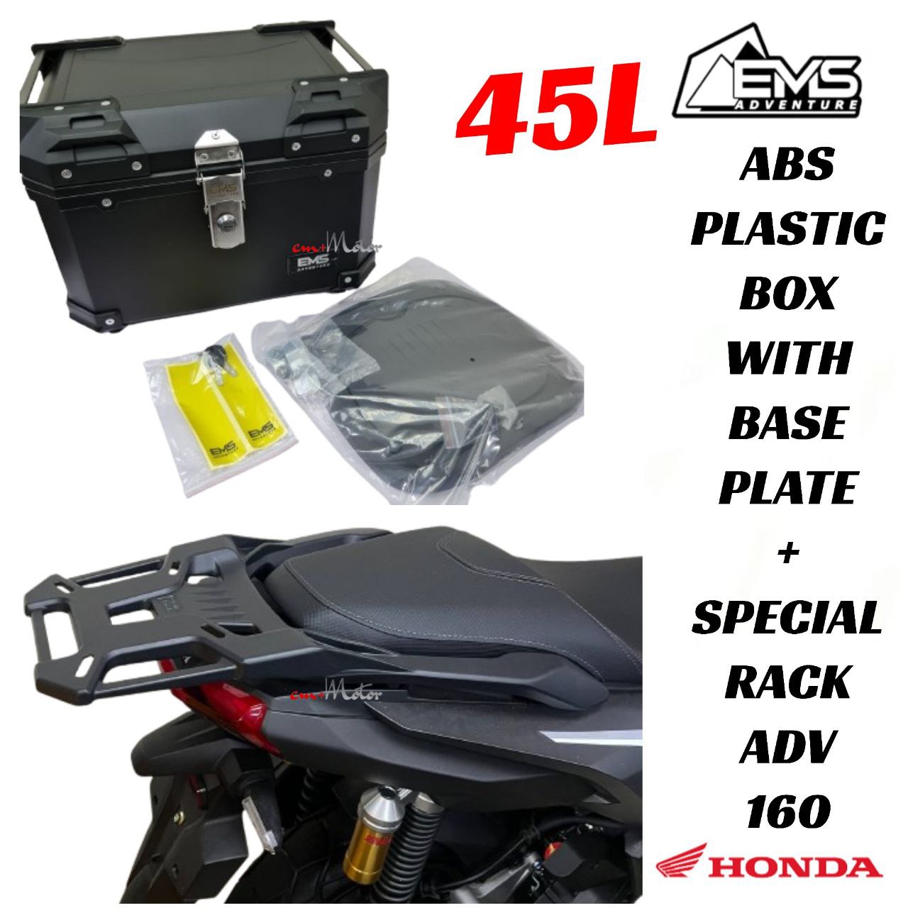 (Honda ADV 160) EMS 45L Top Box Motor Kotak ABS Plastik Motosikal+Special Heavy Duty Rack ...