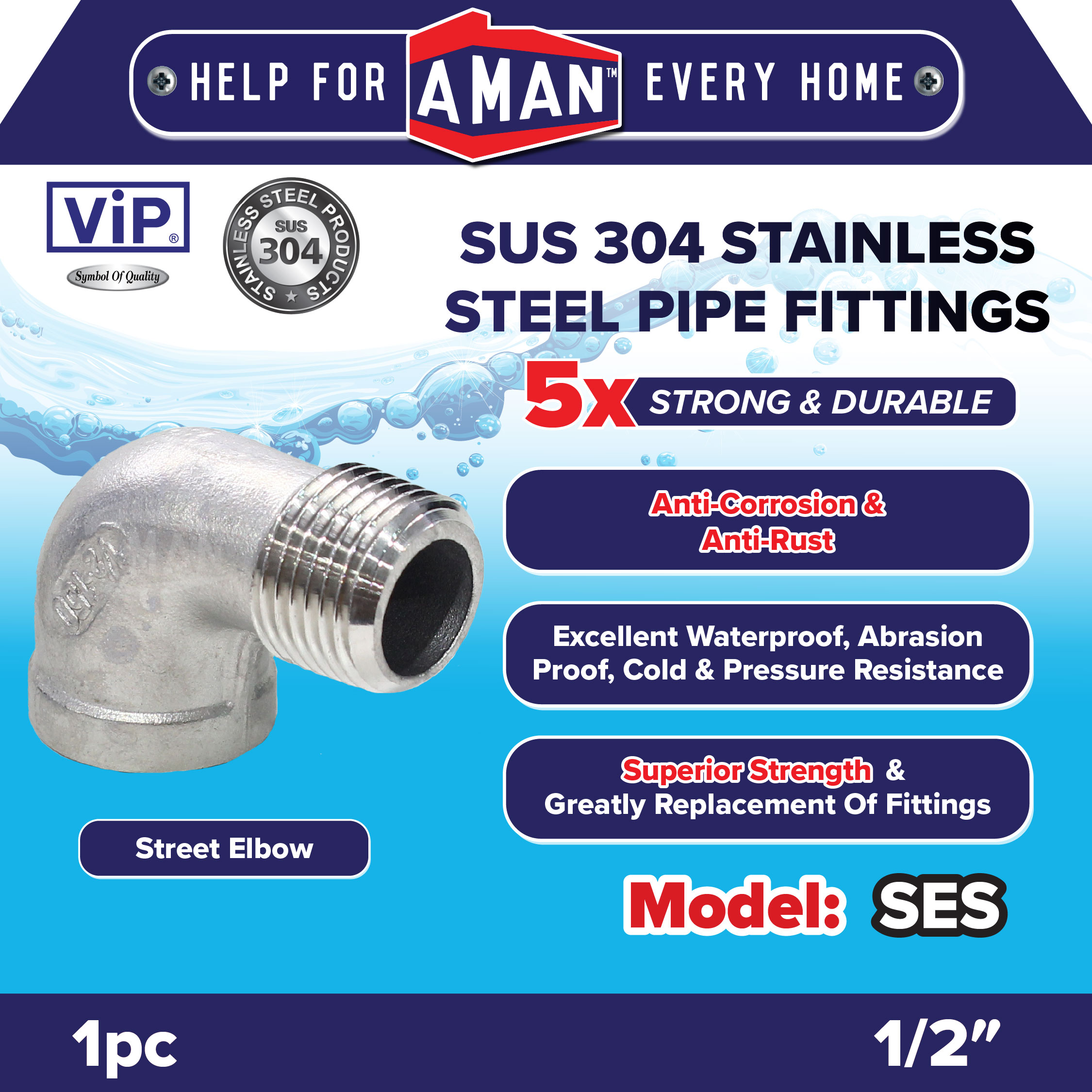 ViP 1/2" SUS 304 Stainless Steel Pipe Fitting Screwed Type Equal Elbow ...