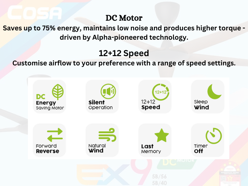Alpha Cosa EX9 DC Motor Ceiling Fan (5 Blades) 56" / 46" / 40" | Shopee ...