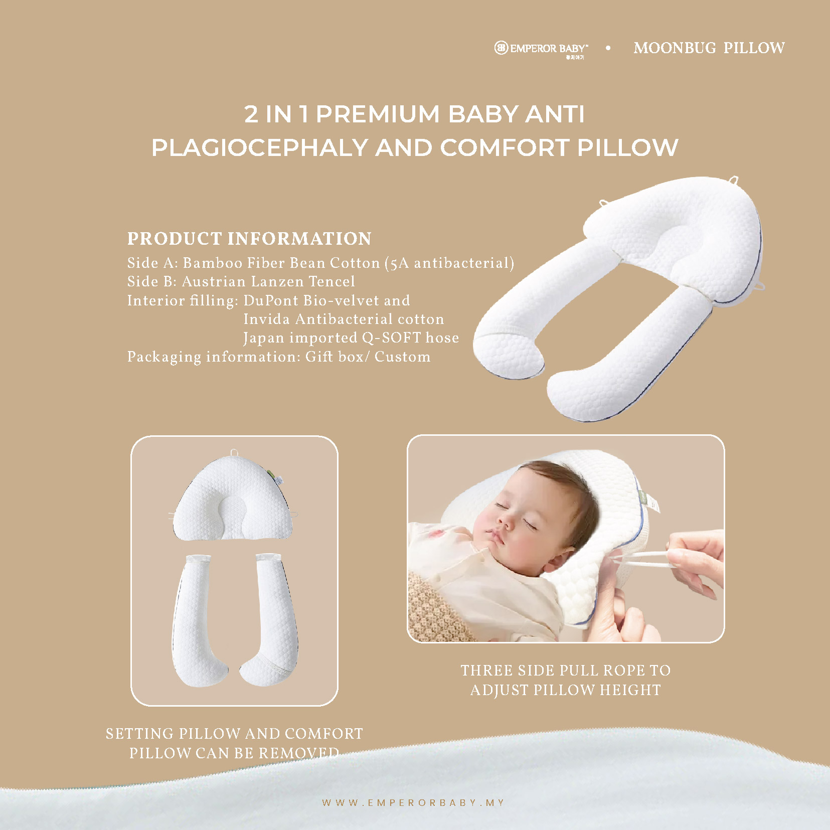 EMPEROR BABY Premium Moonbug Anti-Plagiocephaly Pillow | Infant Head Support (Antibacterial ...