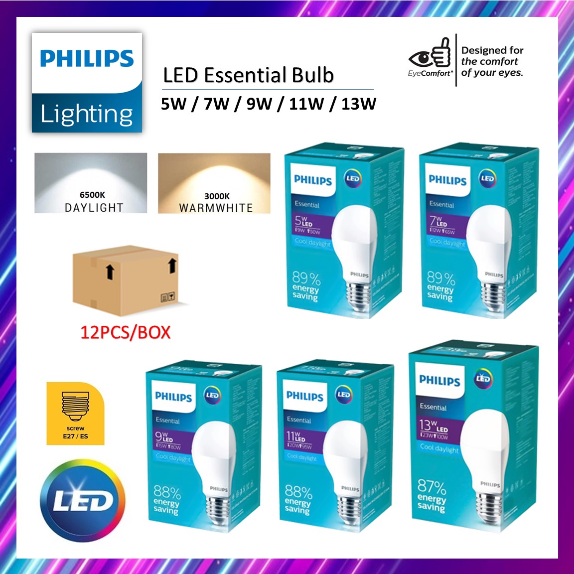 12PCS BOX Philips 5w 7w 9w 11w 13w Essential LED Bulb E27 6500k Daylight 3000K Warmwhite Mentol ...