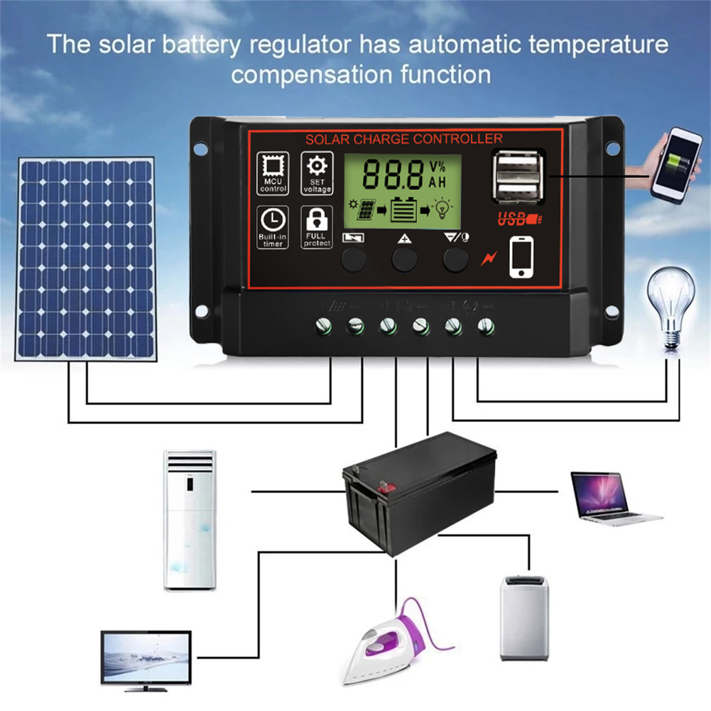 Solar Charge Controller 12V/24V PWM 10A 20A 30A with Adjustable LCD Display Timer Setting Dual ...