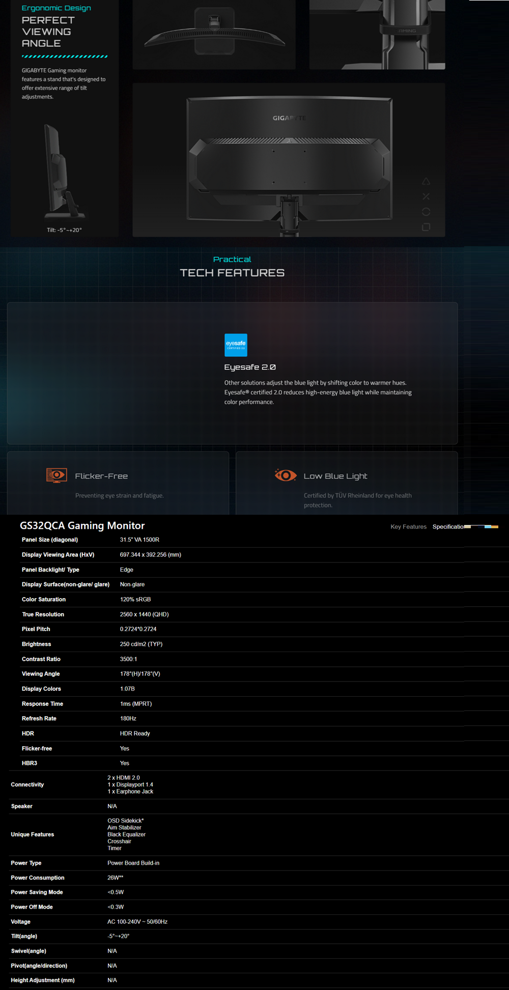 Gigabyte Gaming Monitor GS32QCA 32" CURVED 1500R / 2560 x 1440 QHD ,HDR ...