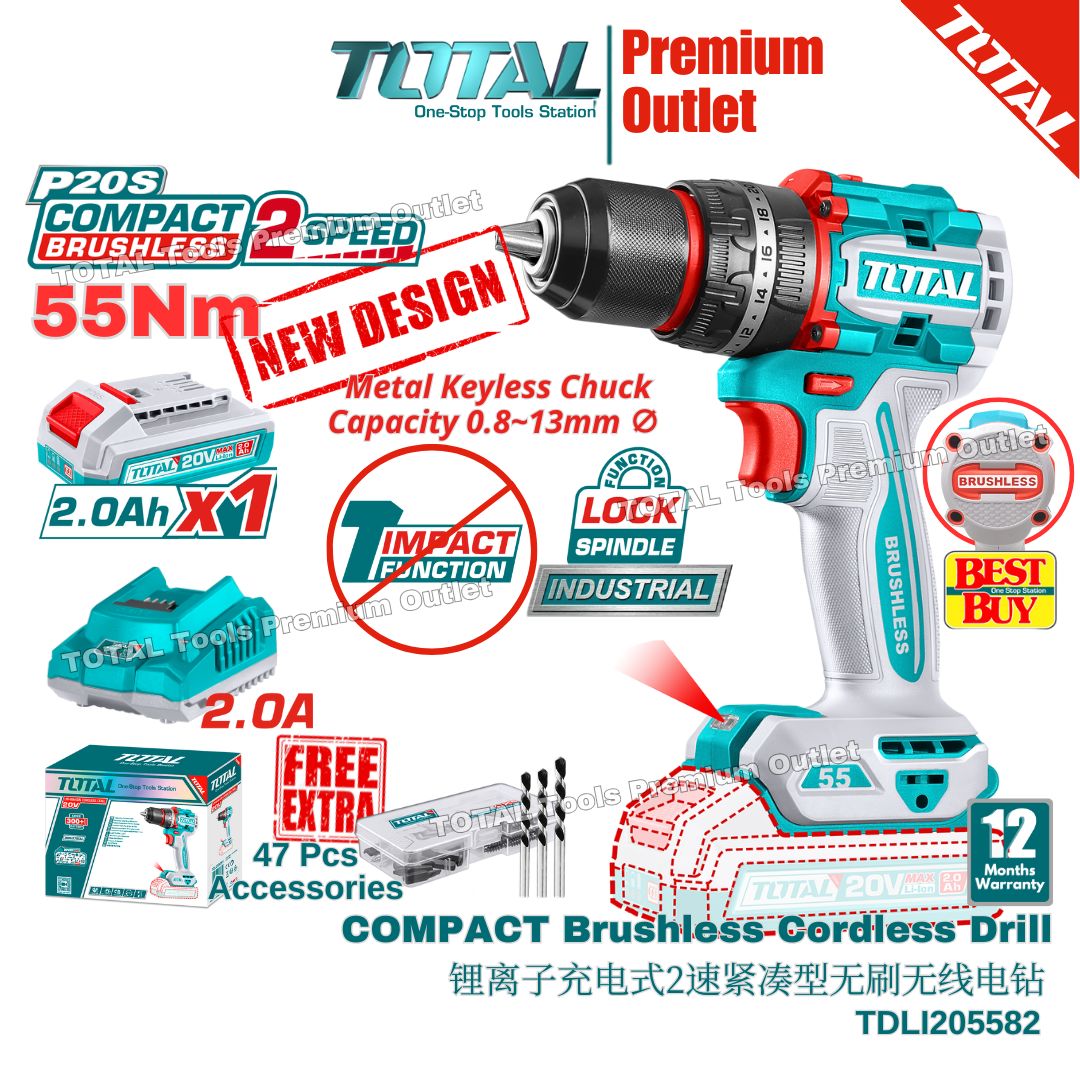 TOTAL Tools 55Nm BL motor compact cordless impact drill w/47 pcs ...