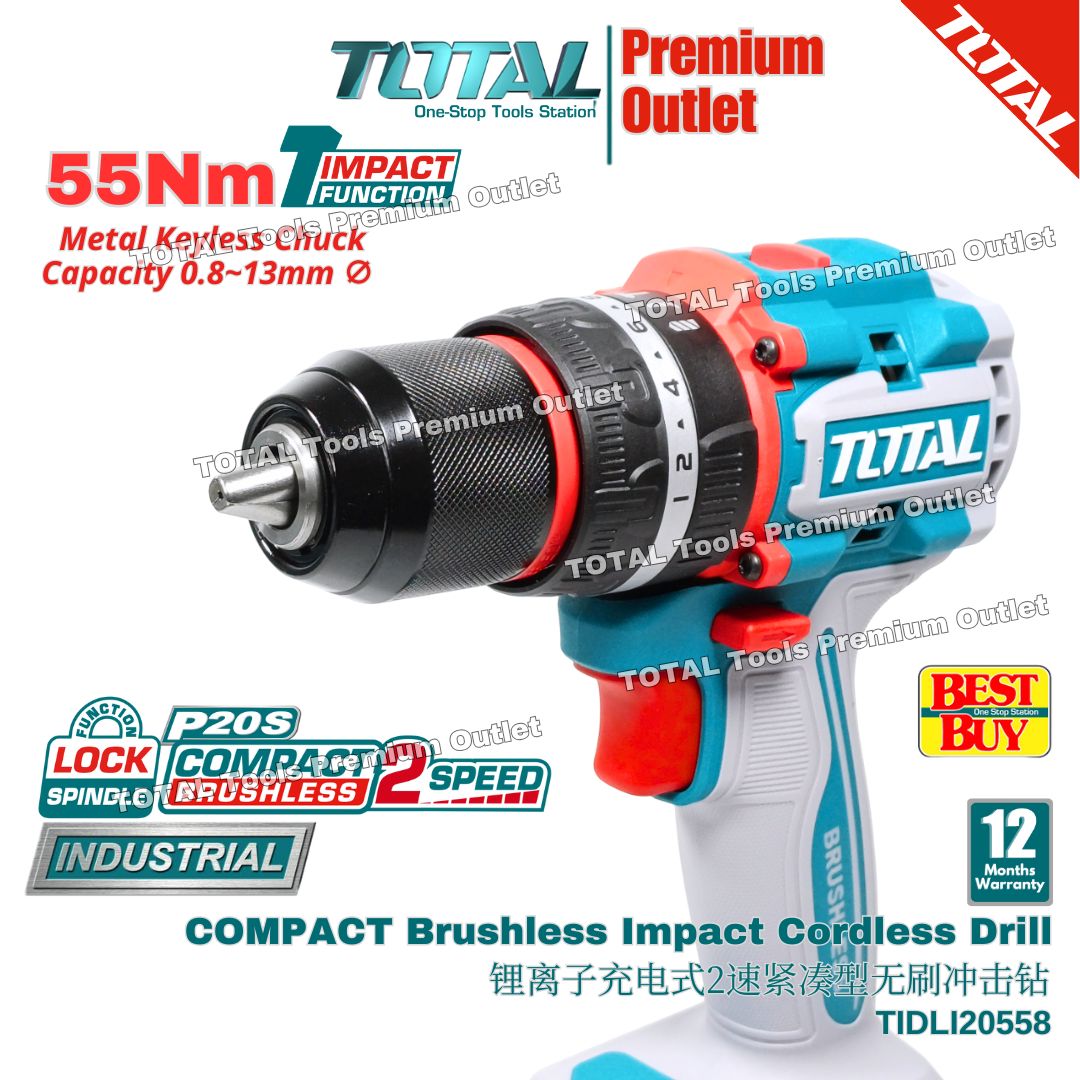 TOTAL Tools 55Nm BL motor compact cordless impact drill w/47 pcs ...