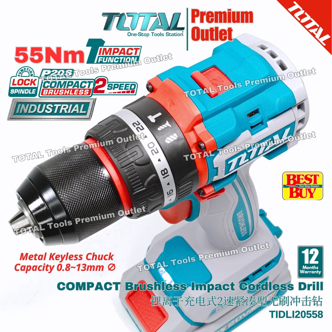 TOTAL Tools 55Nm BL motor compact cordless impact drill w/47 pcs ...
