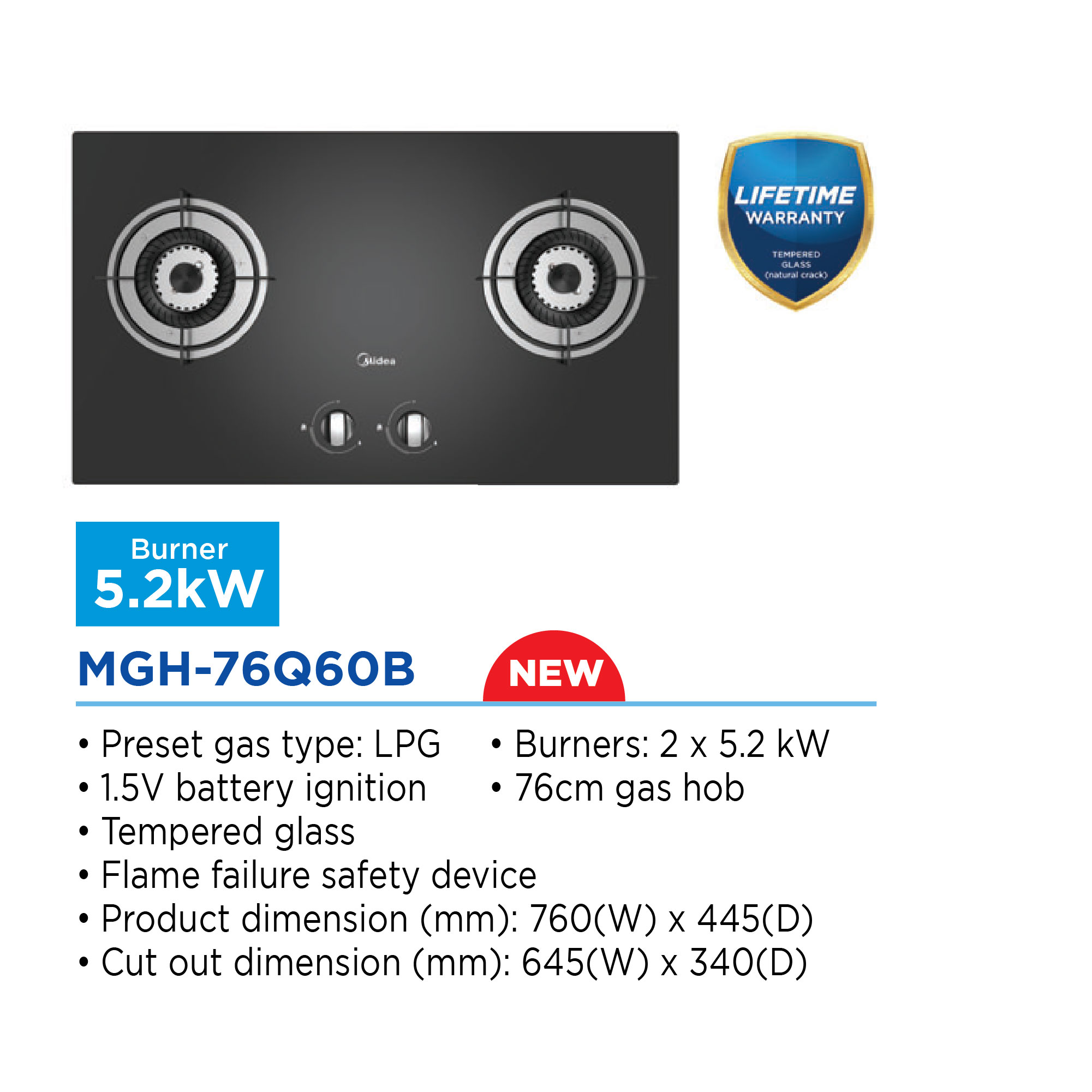 Midea 1800m³/hr Cooker Hood + Built-in Gas Stove MGH-76Q60B 5.2kW ...