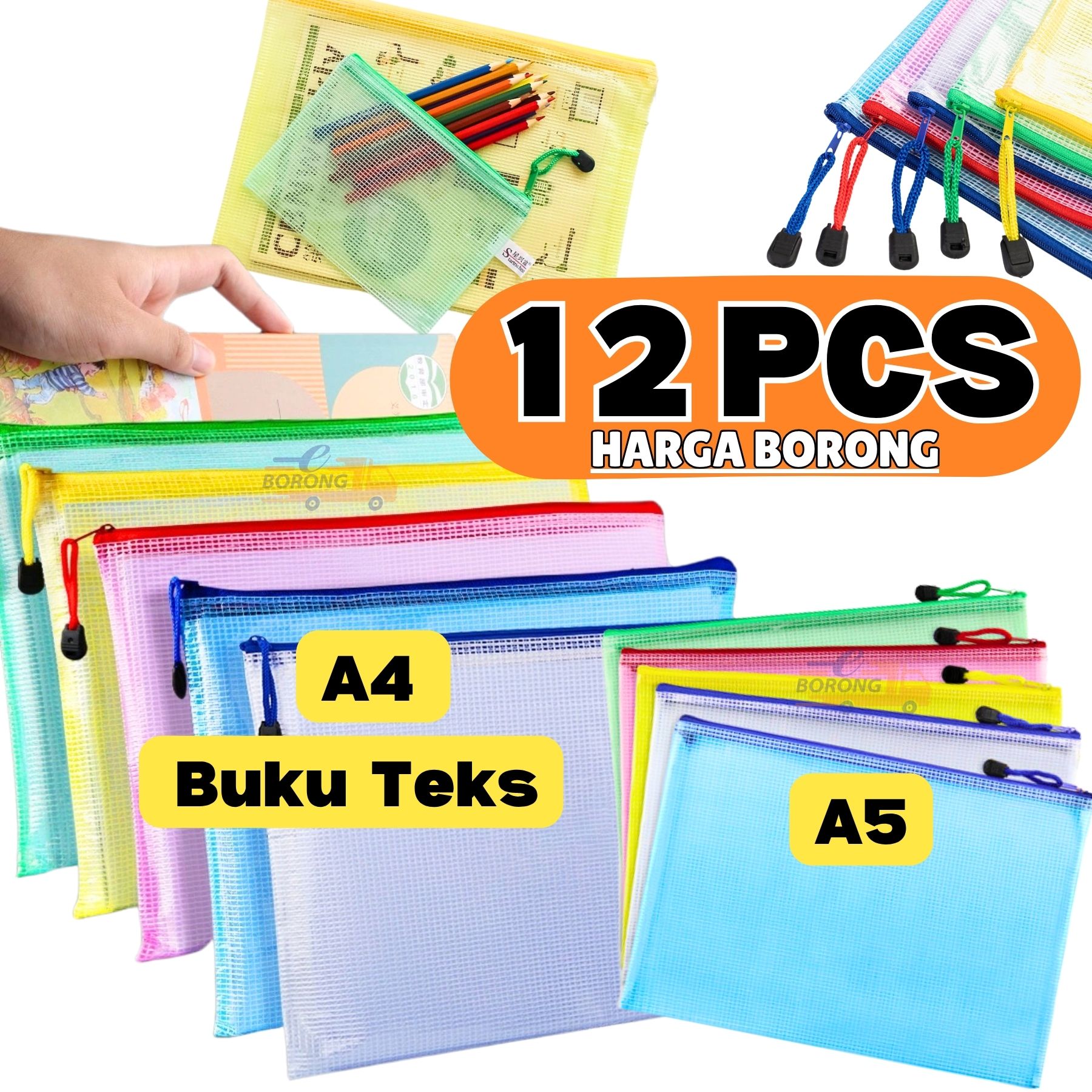 BORONG【12pcs】A4 Zipper File Mesh Folder Thick Tebal Office Document ...