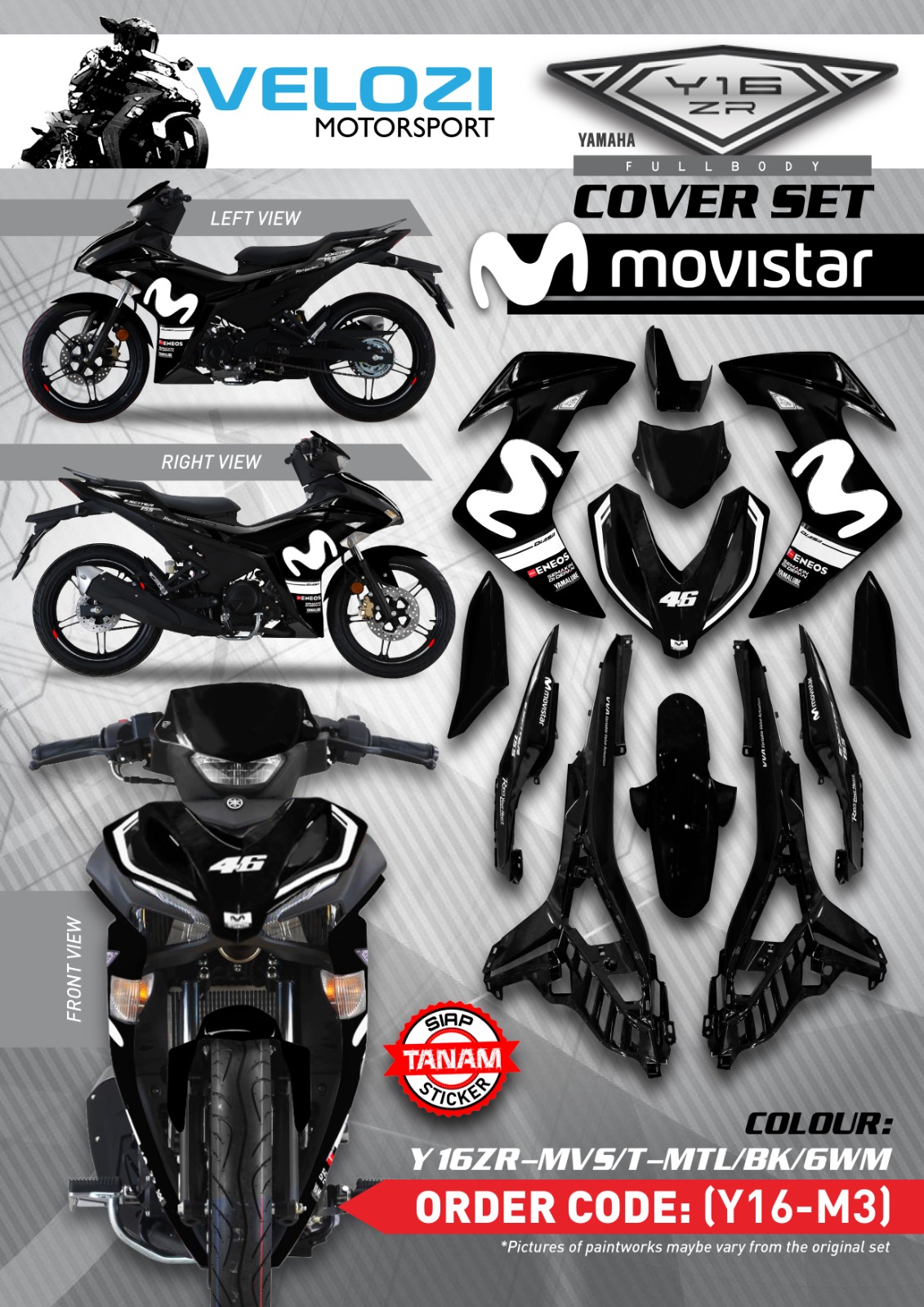 Y16 COVERSET Y16ZR MOVISTAR HITAM BLACK M PUTIH 46 VELOZI SIAP TANAM ...