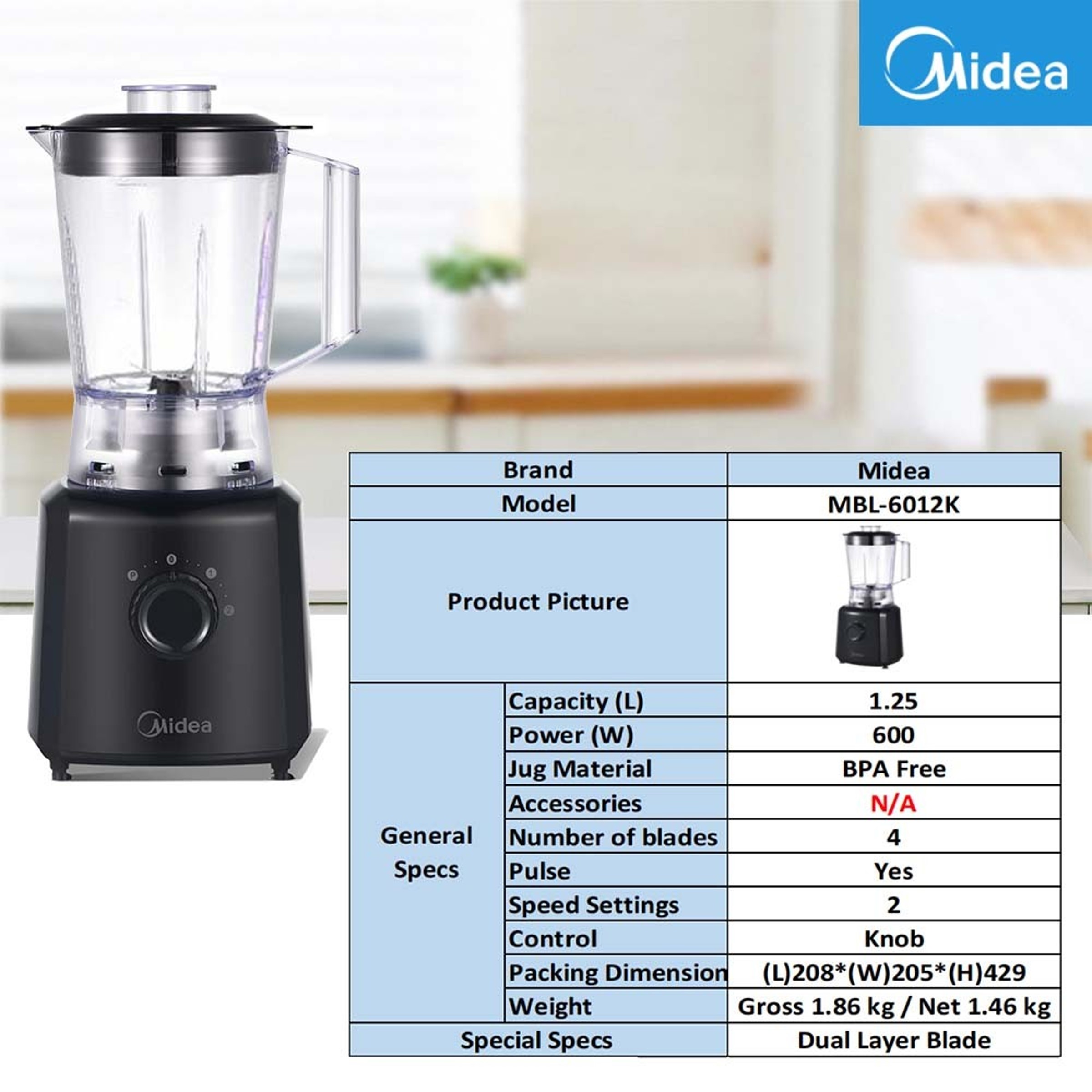 Midea Blender - Black (1.25L) MBL-6012K 600W Pengisar | Shopee Malaysia