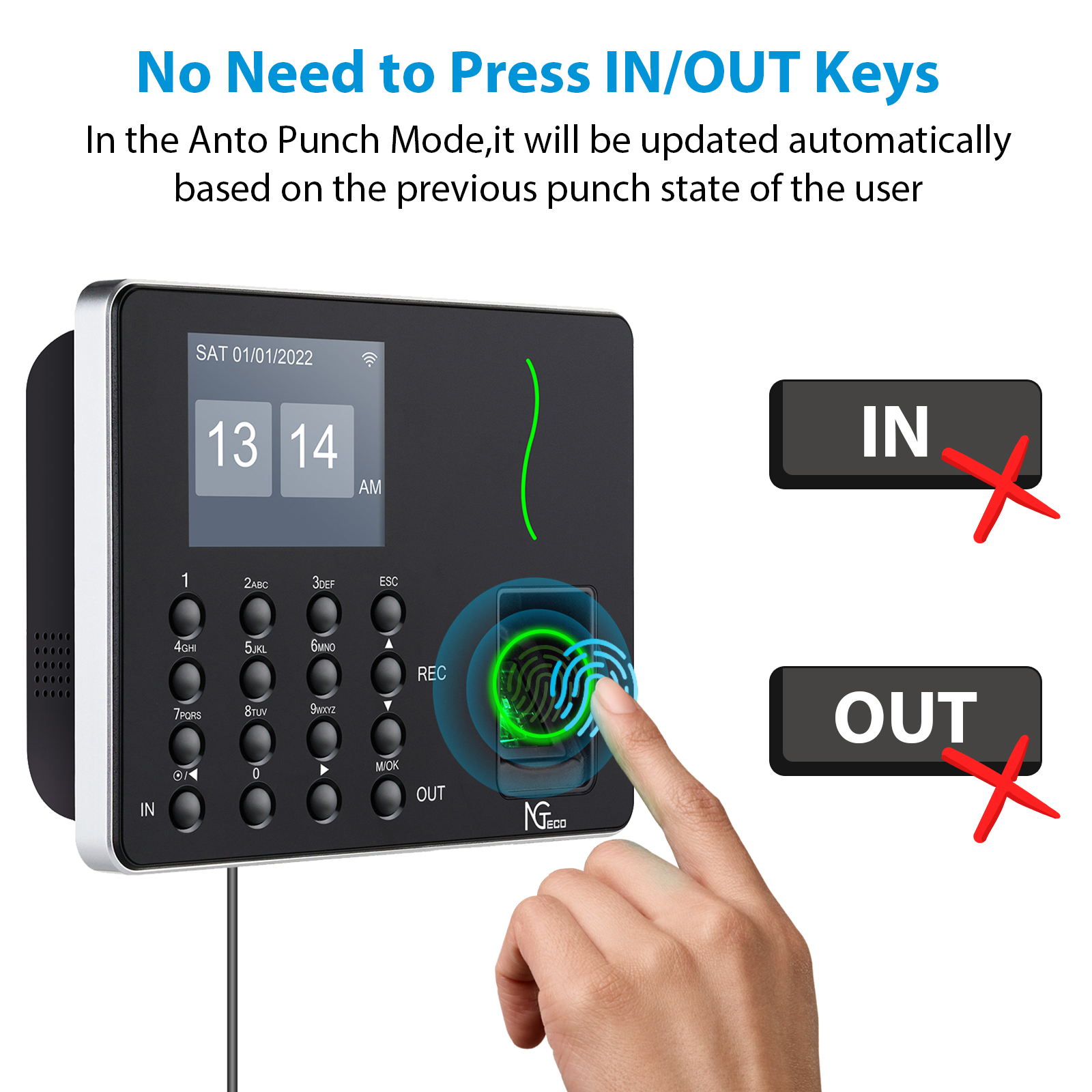NGTeco Thumbprint Time Attendance Machine Fingerprint With Night Shift ...