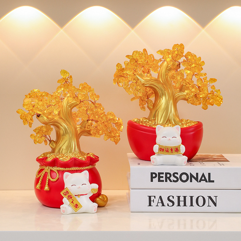 【现货】9寸树脂黄水晶金钱树元宝福袋招财猫 Ready Stock 9 Inch Resin Crystal Money Tree Sycee ...