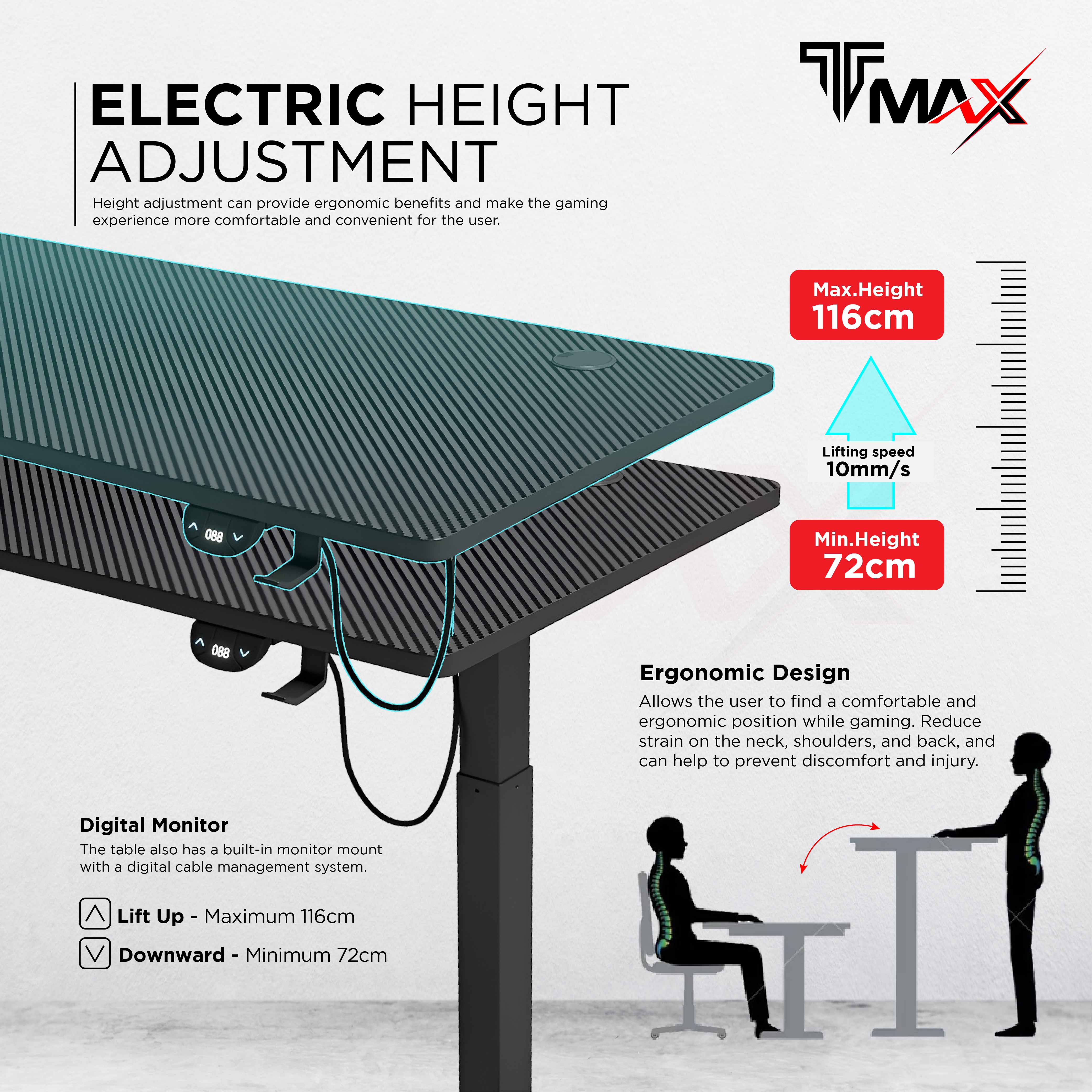 TMAX L120cm I-shape Motorized Standing Desk Smart Height Adjustable ...