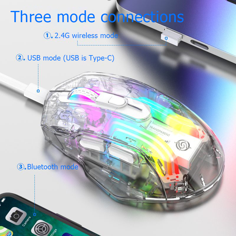 Transparent Wireless Gaming Mouse RGB light Rechargeable Bluetooth ...