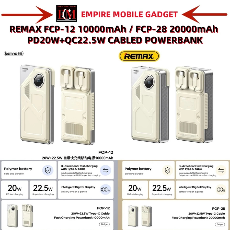 REMAX FCP-12 10000mAh / FCP-28 20000mAh PowerBank 20W + 22.5W Fast Charging Built-In Dual Cable ...