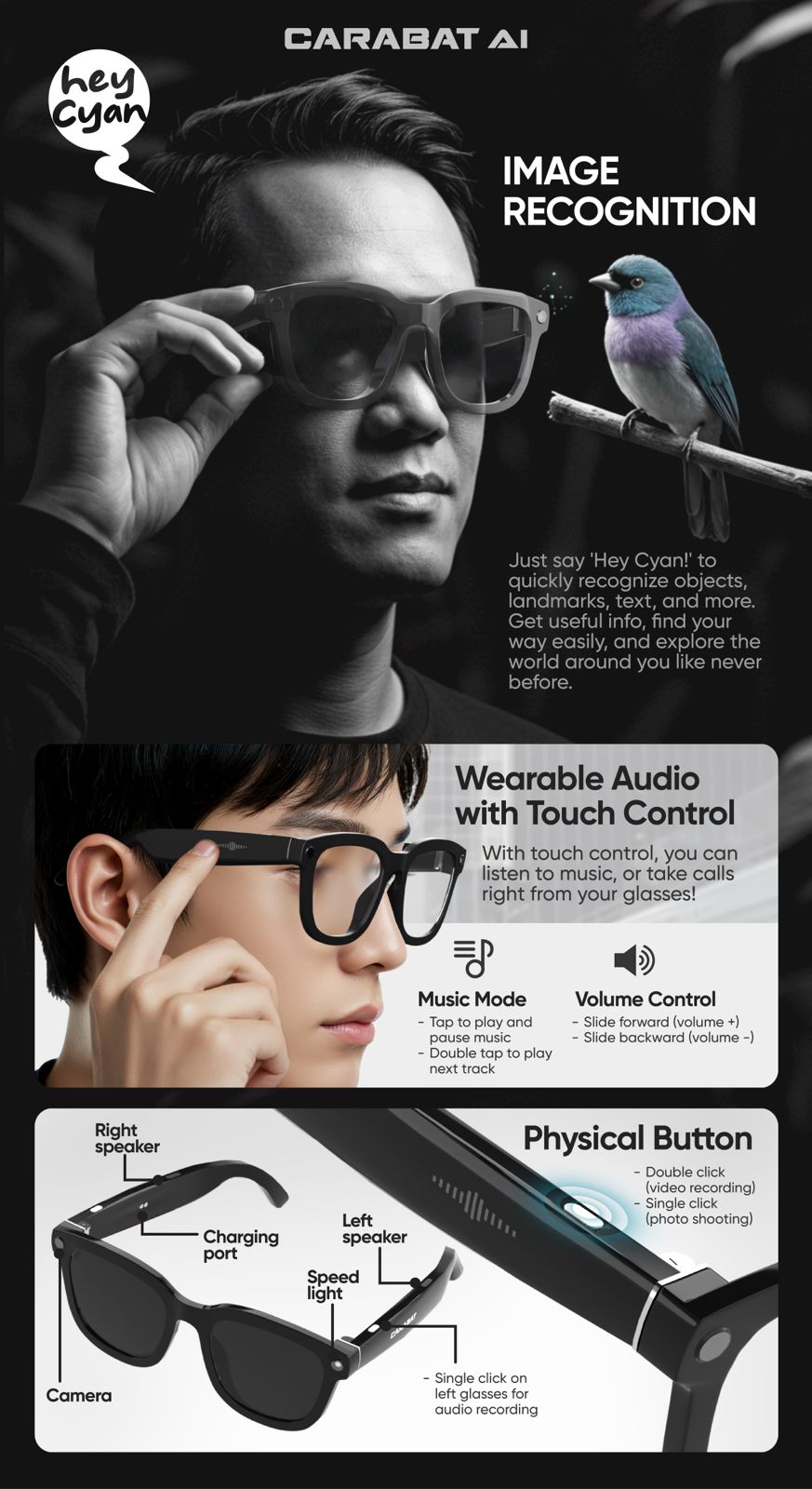 (NEW) V2 Carabat AI Glasses |8MP | Smart Image Recognition | Music ...