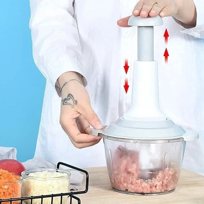 Hand Press Push Food Processor Chopper 1500ML Chopping Fruits Vegetable ...